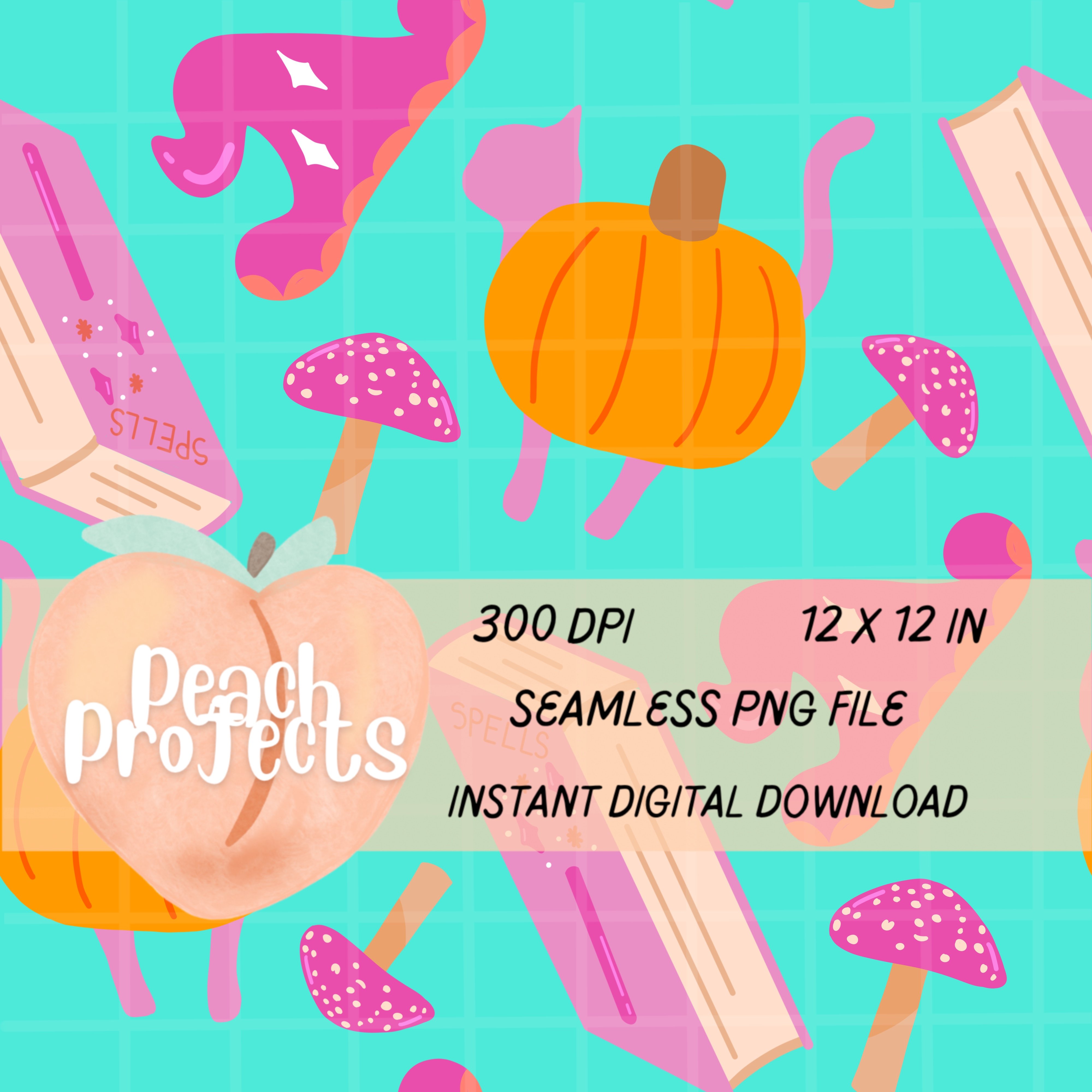 Bright Witch Spell Book Magical Pumpkins Cats Mushrooms Seamless File ...
