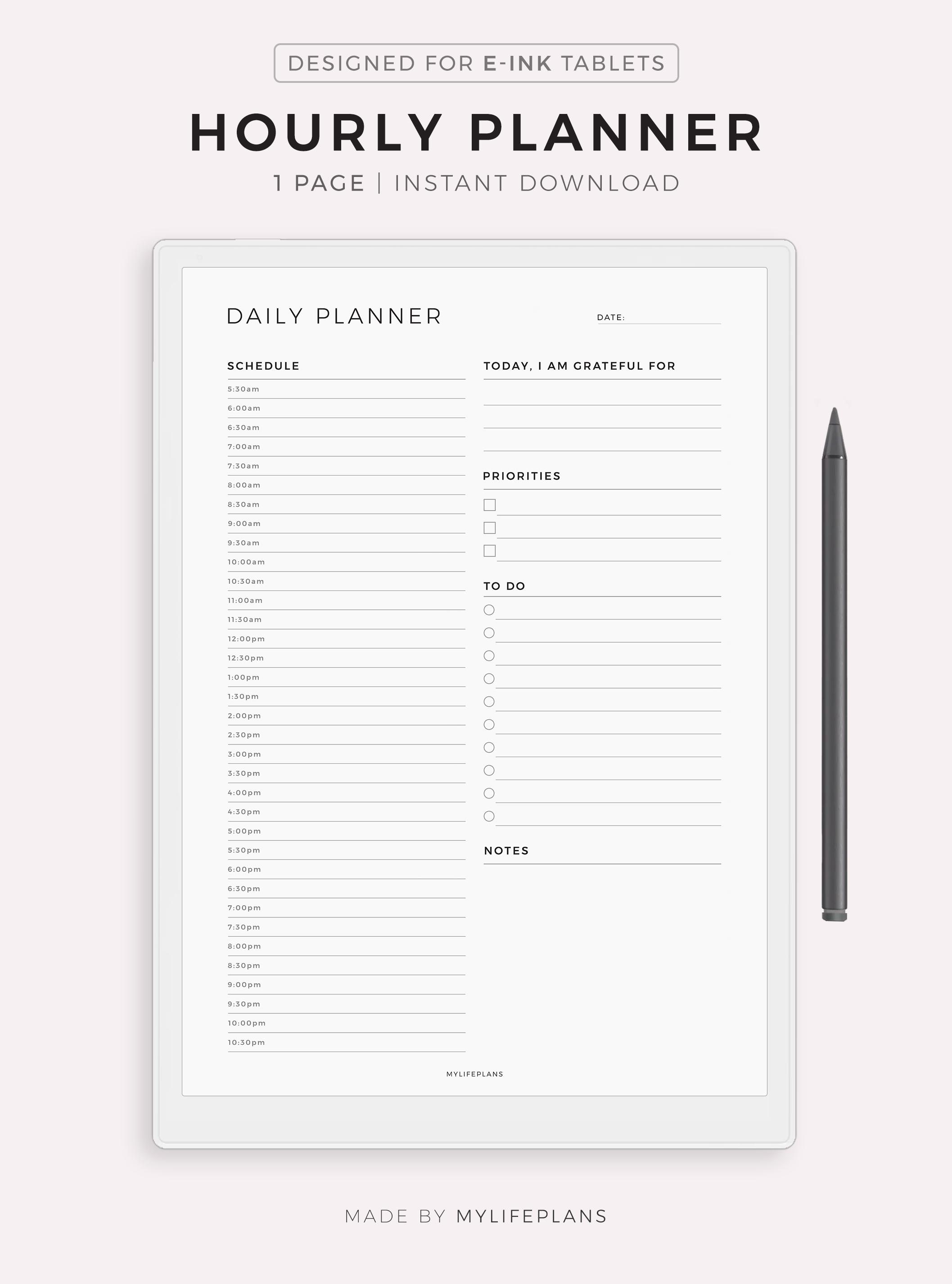 Hourly Planner for Remarkable, Supernote, Kindle Scribe, Boox, Kobo ...