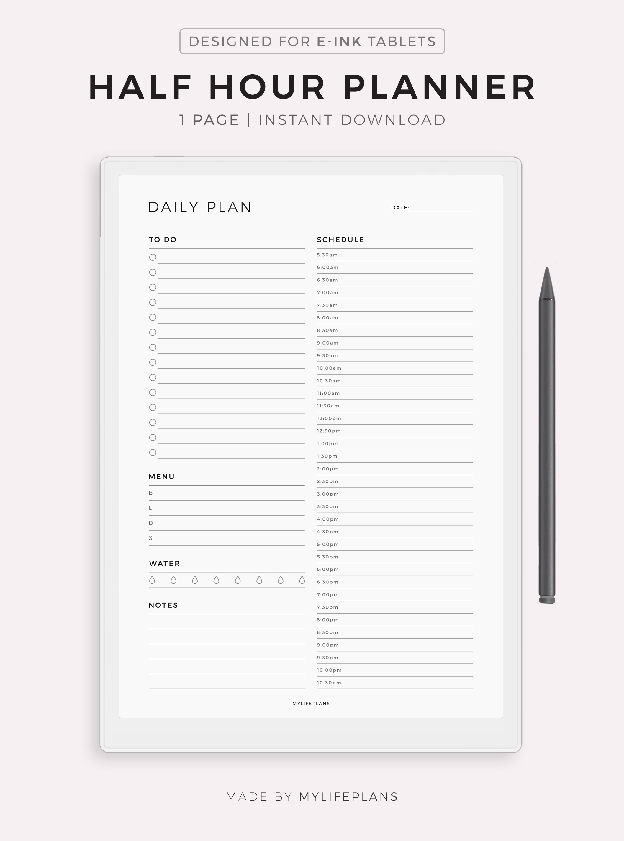 Hourly Planner for Supernote, Remarkable, Kindle Scribe, Boox, Kobo ...