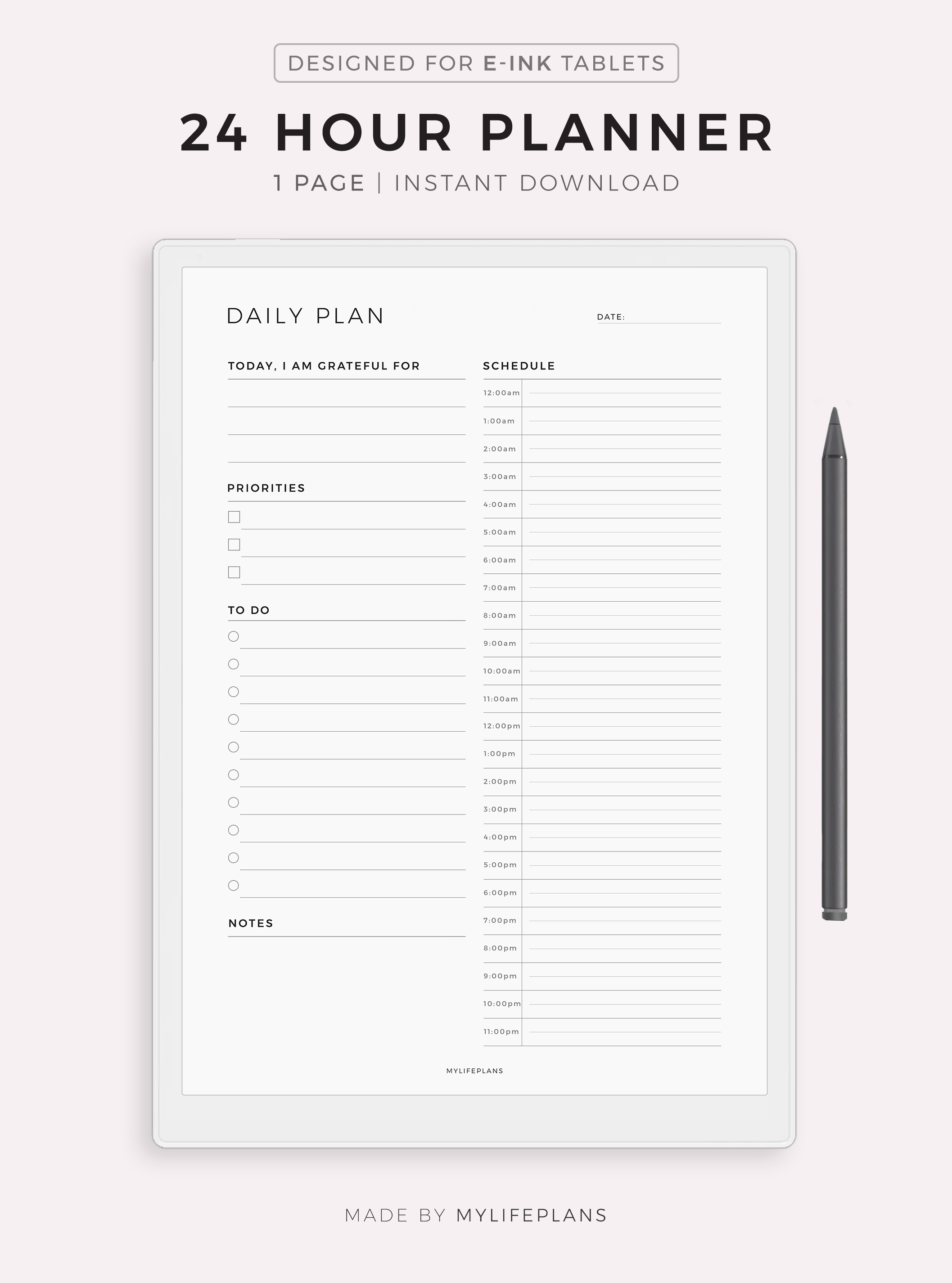 24 Hour Daily Planner for Remarkable, Supernote, Kindle Scribe, Boox ...