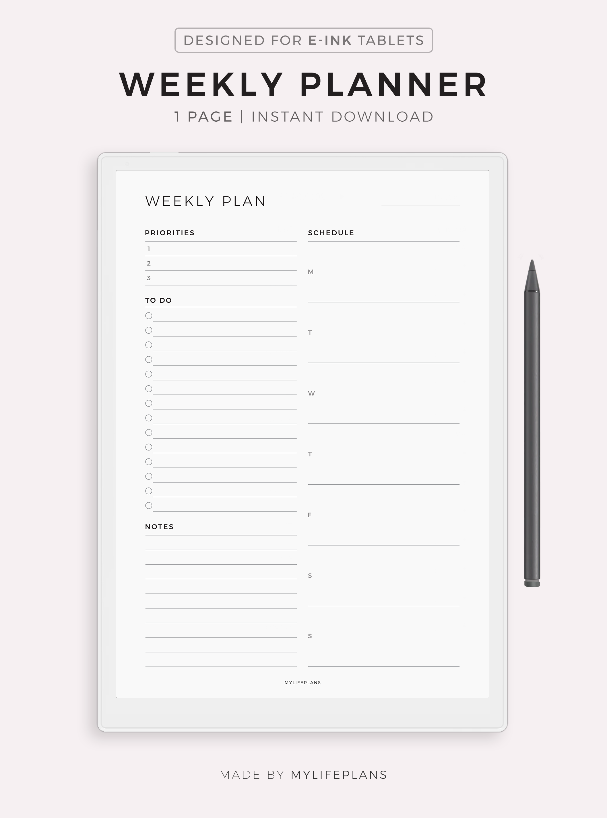 Weekly Planner for Remarkable, Supernote, Kindle Scribe, Boox, Kobo ...