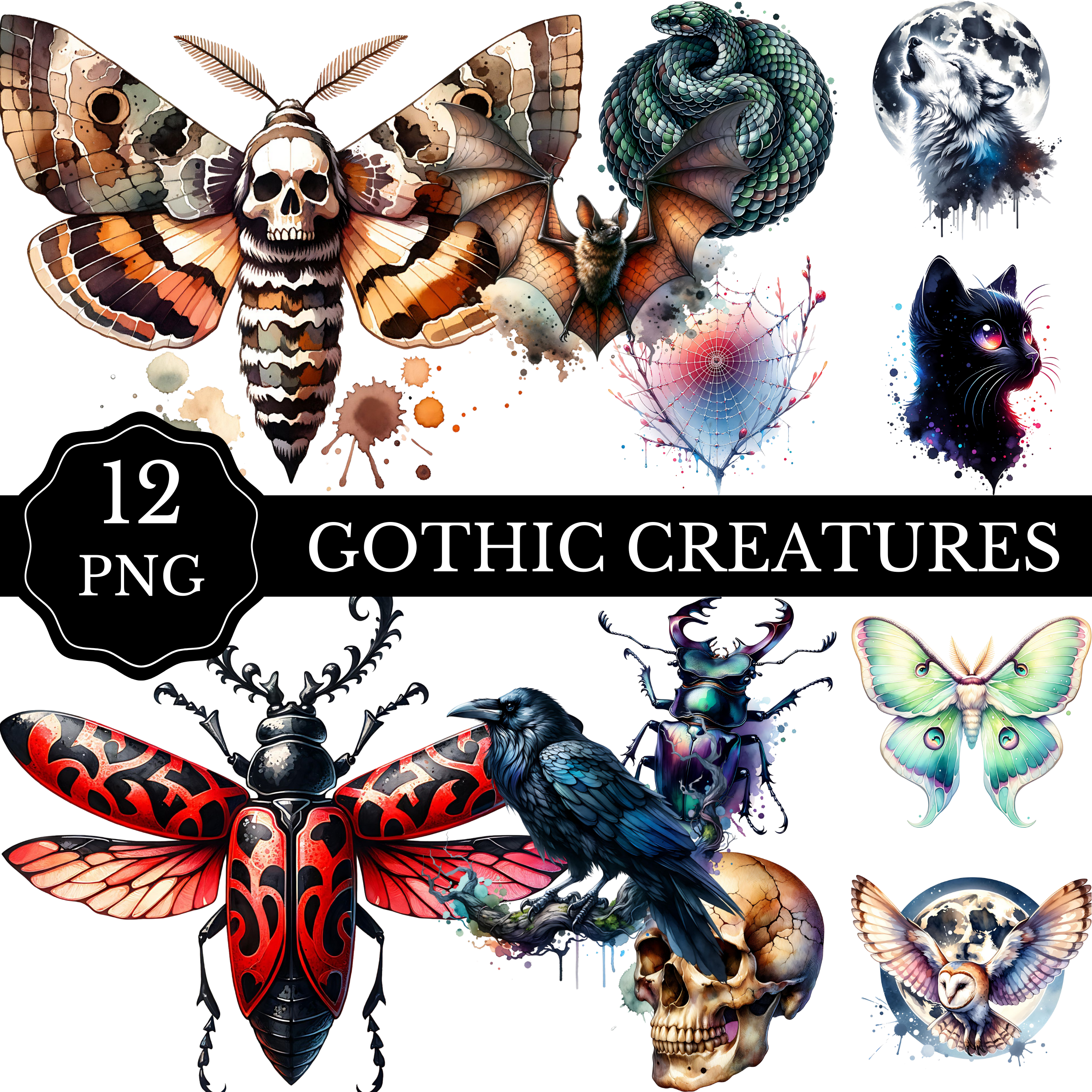 Gothic Creatures Clipart | Dark Witchy Animals PNG | Raven, Moth, Cat ...