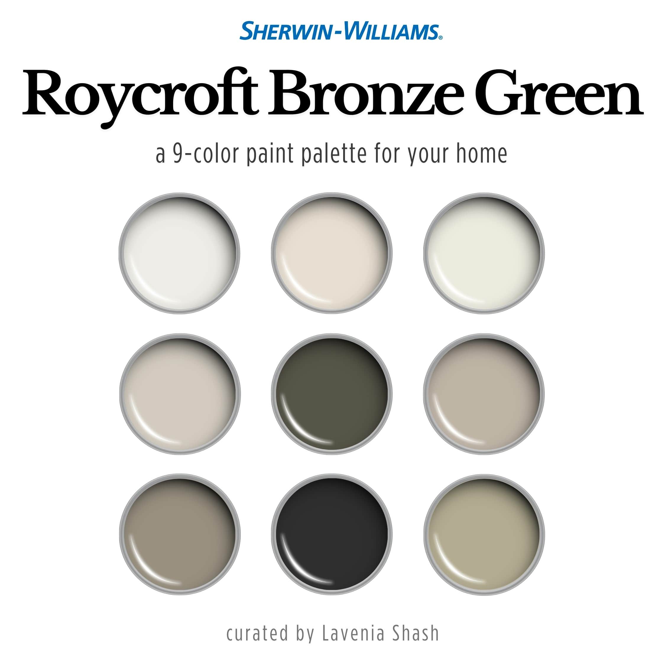 Roycroft Bronze Green Sherwin Williams paint color palette - greens and ...