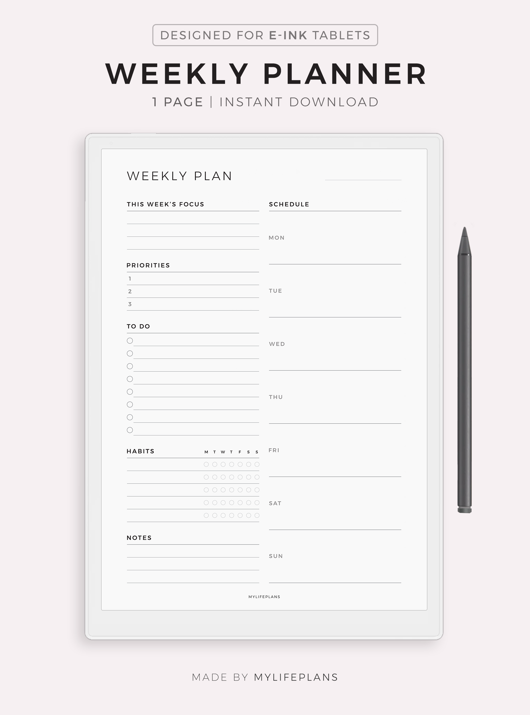 Weekly Planner for Remarkable, Kindle Scribe, Boox, Kobo, Supernote ...