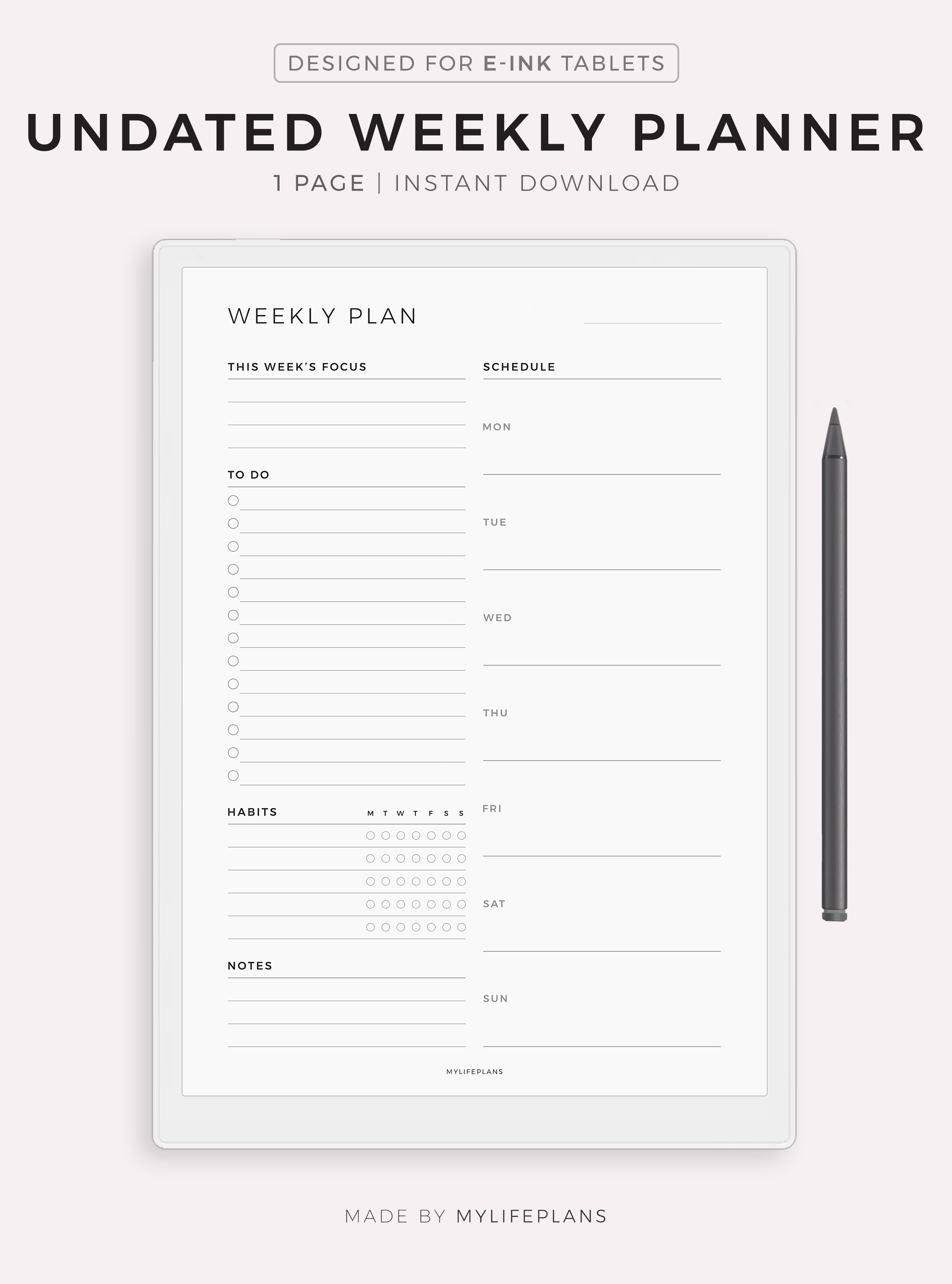 Undated Weekly Planner for Remarkable, Supernote, Kindle Scribe, Boox ...