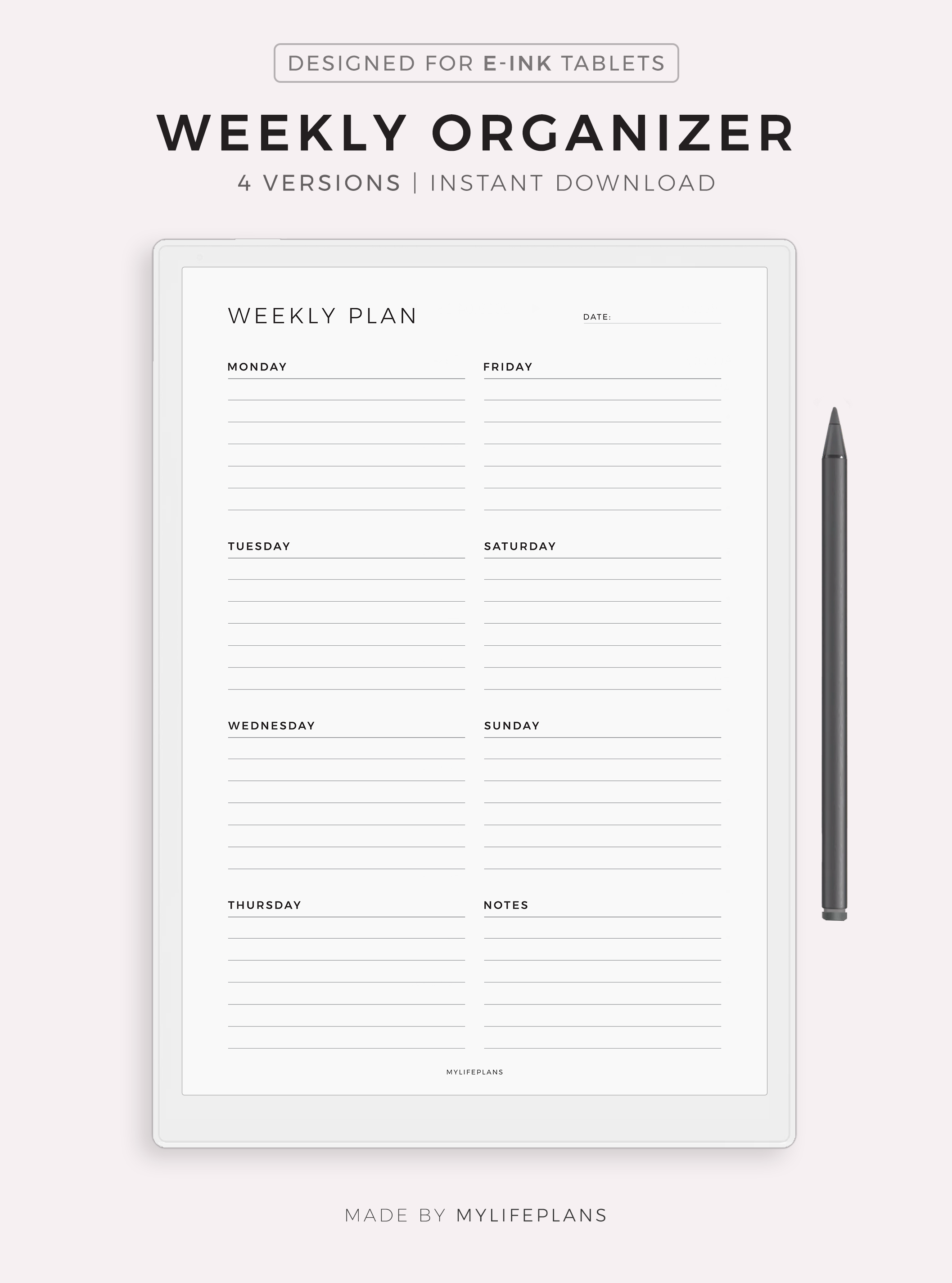 Weekly Organizer, Compatible with Remarkable, Supernote, Kindle Scribe ...