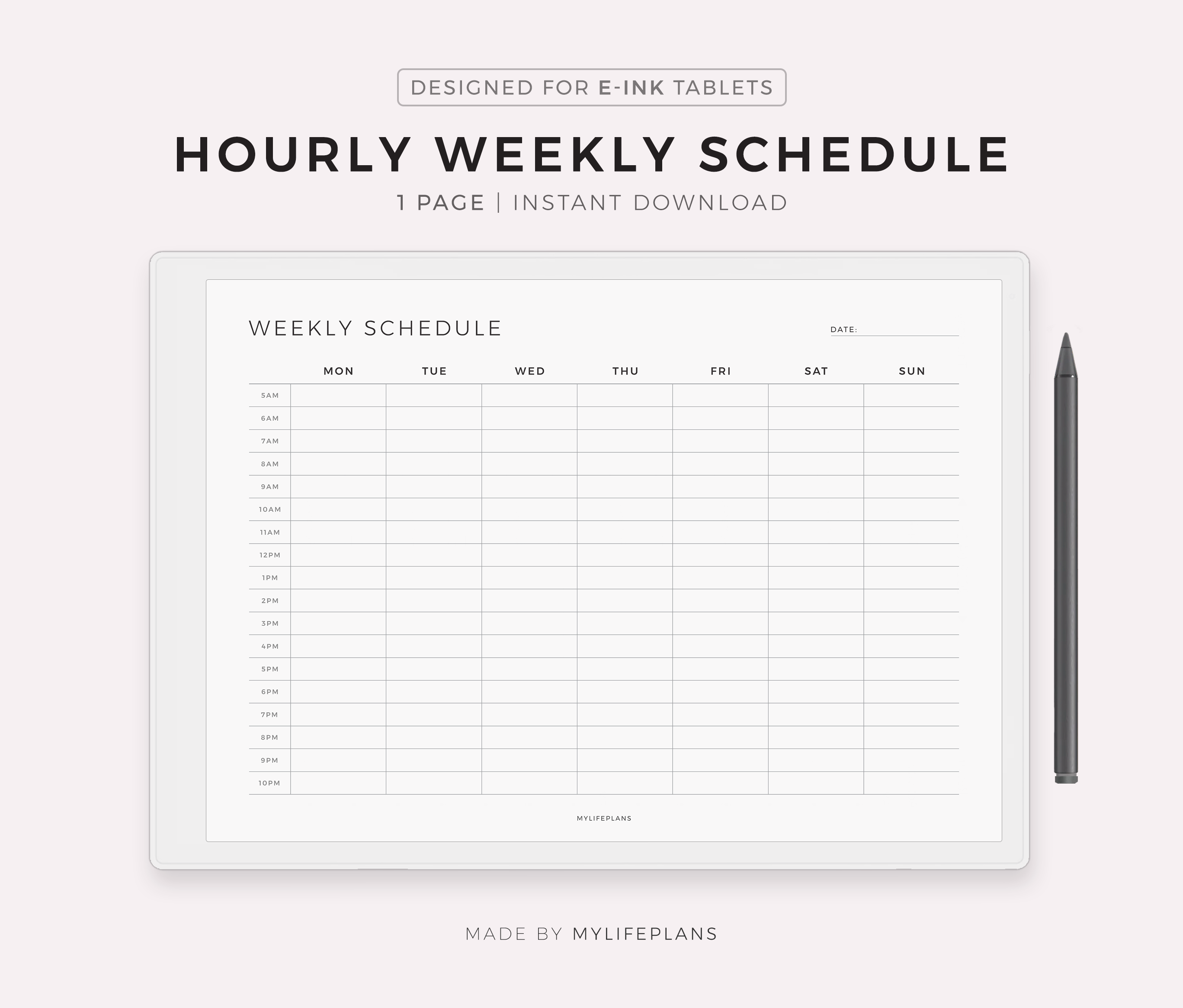 Hourly Weekly Schedule, Landscape, Compatible with Remarkable ...