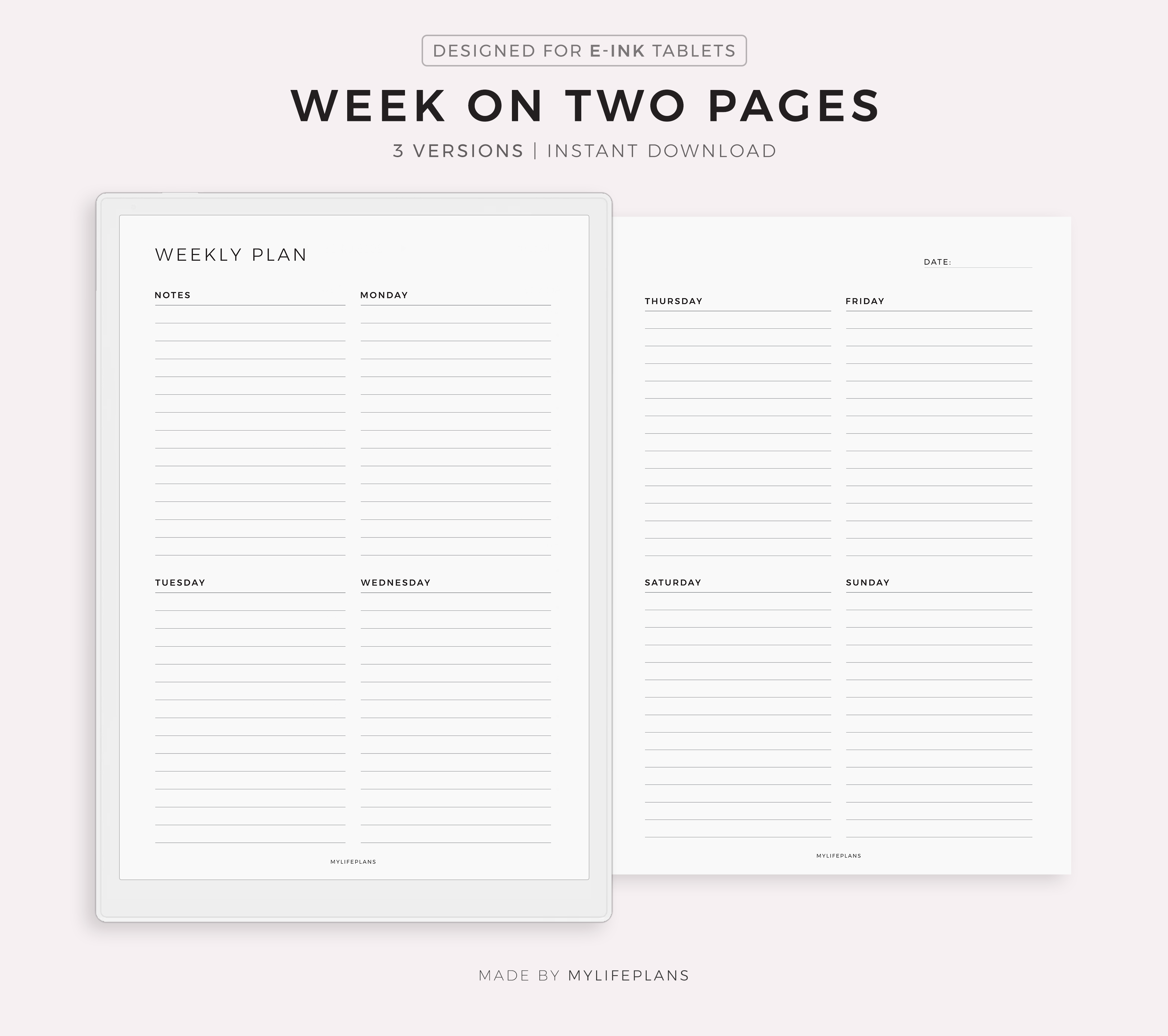 Week on Two Pages Planner for Remarkable, Supernote, Kindle Scribe ...