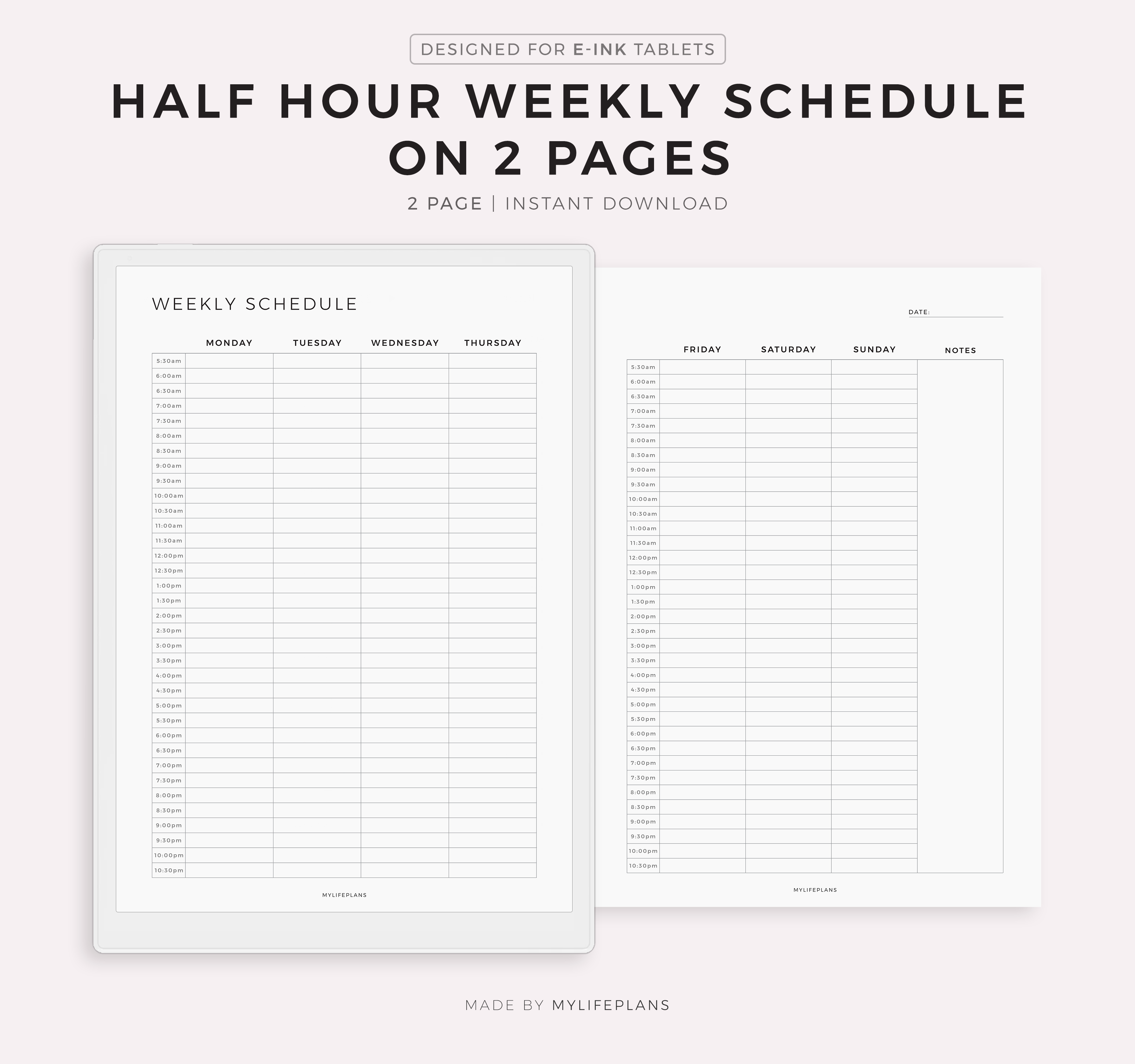 Half Hour Weekly Schedule on 2 Pages, Compatible with Remarkable ...