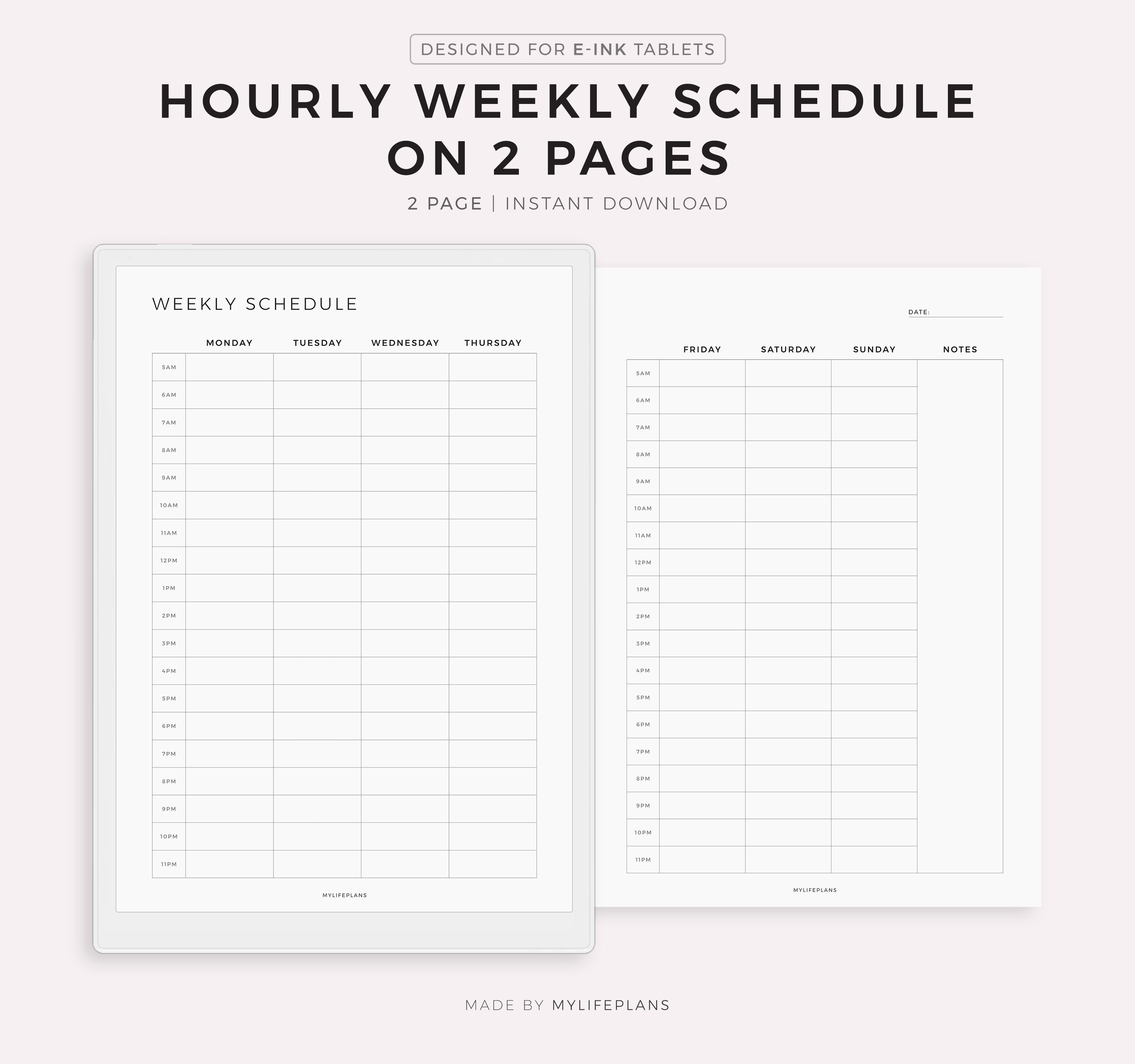 Hourly Weekly Schedule on 2 Pages, Compatible with Remarkable ...