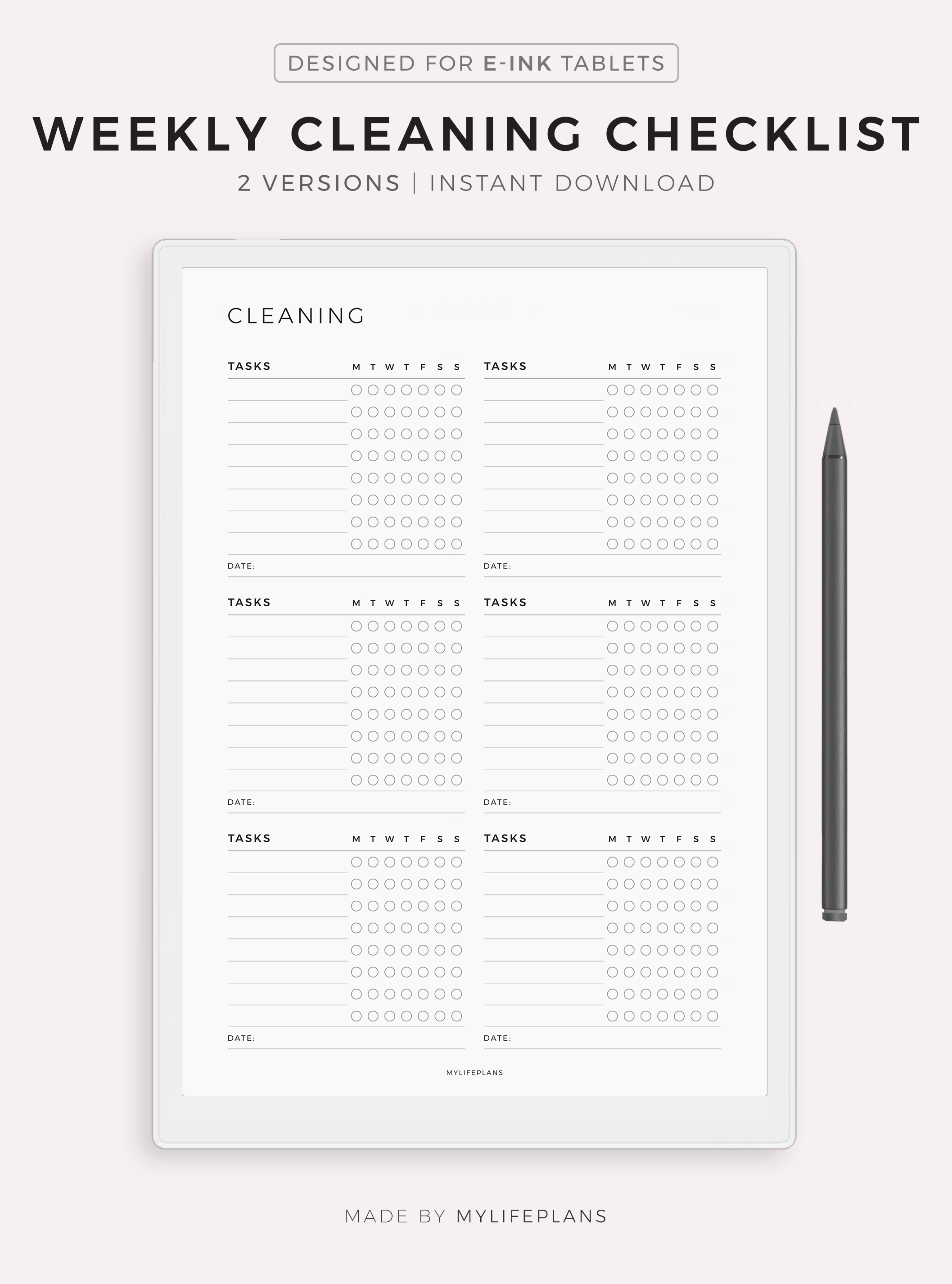 Weekly Cleaning Checklist Template for Remarkable, Supernote, Kindle ...