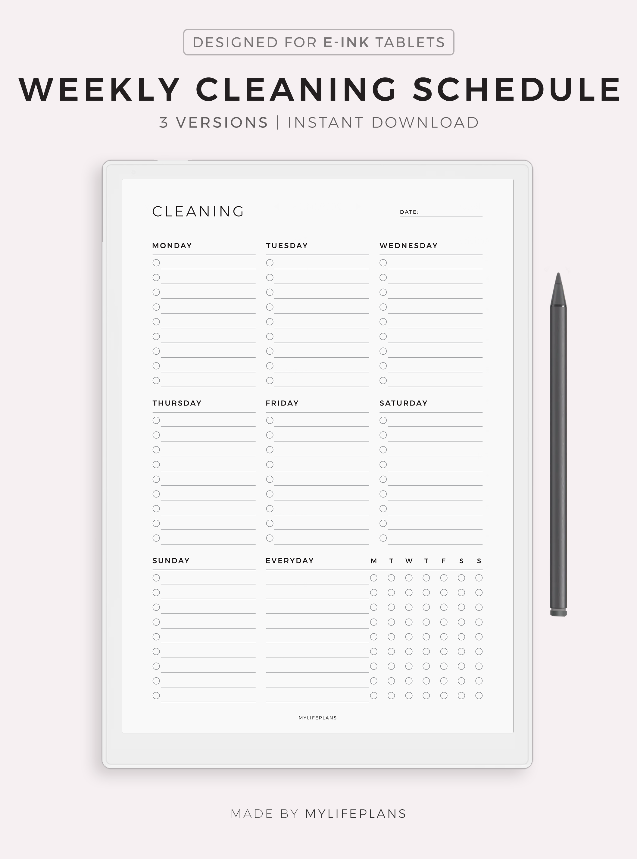 Weekly Cleaning Schedule, Compatible with Remarkable, Supernote, Kindle ...