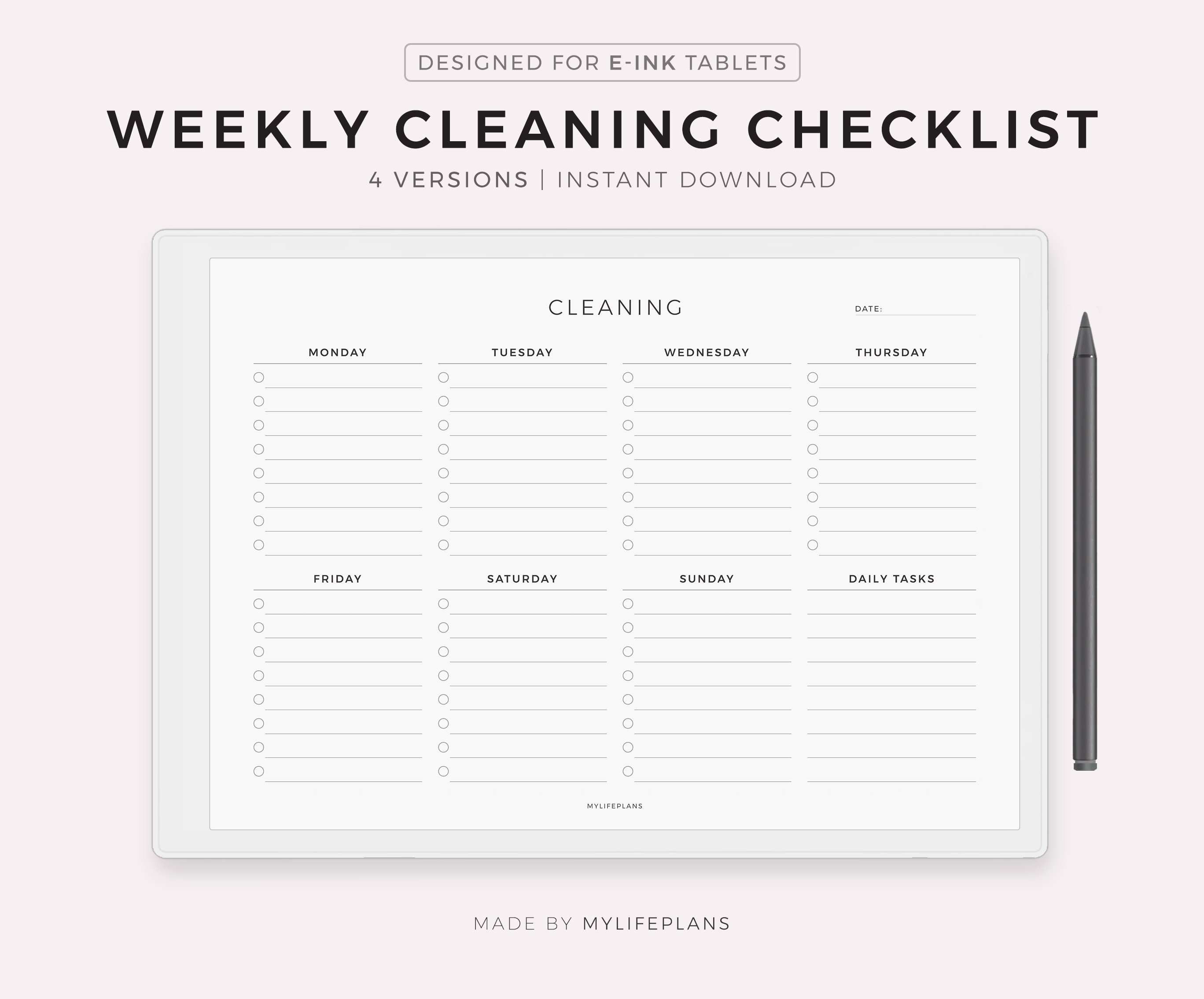 Weekly Cleaning Checklist, Landscape, Compatible with Remarkable ...