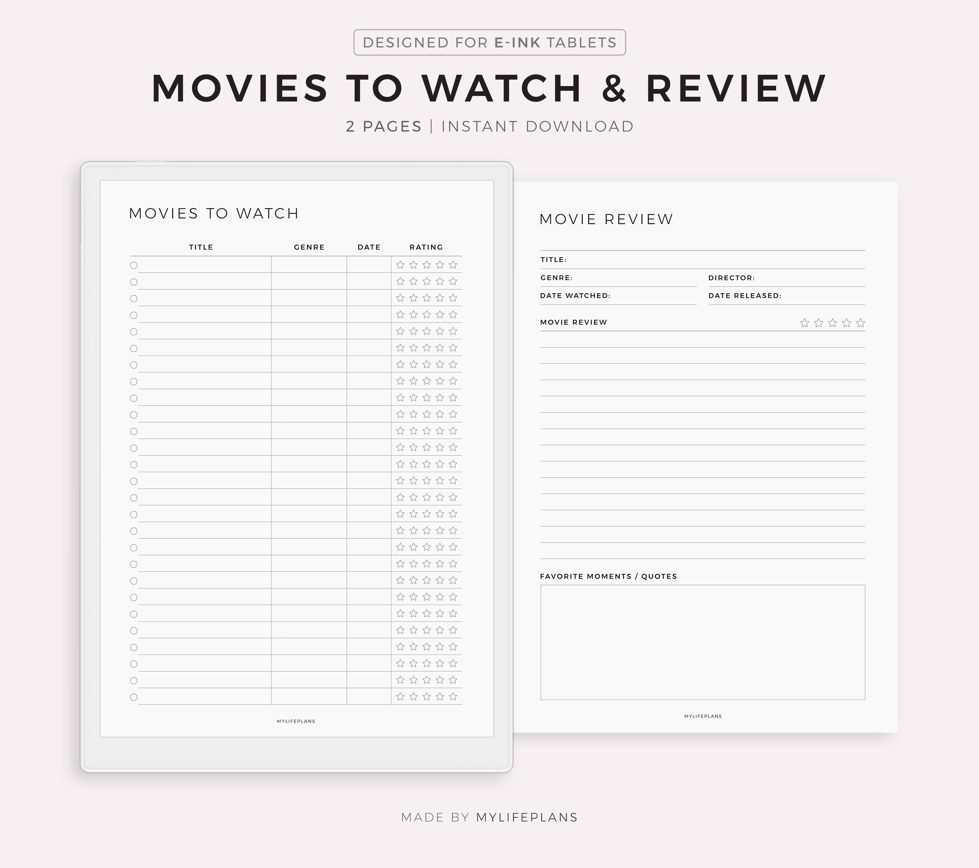 Movies to Watch & Review Template for Remarkable, Supernote, Kindle ...