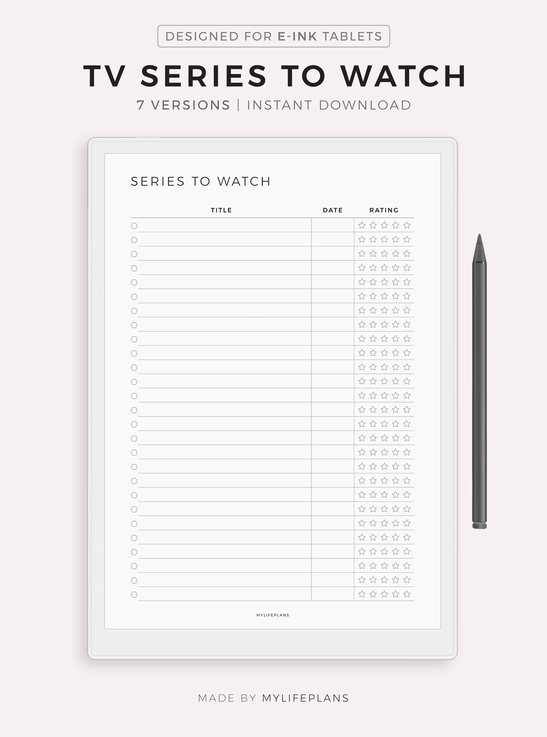 TV Series to Watch Planner for Remarkable, Supernote, Kindle Scribe ...