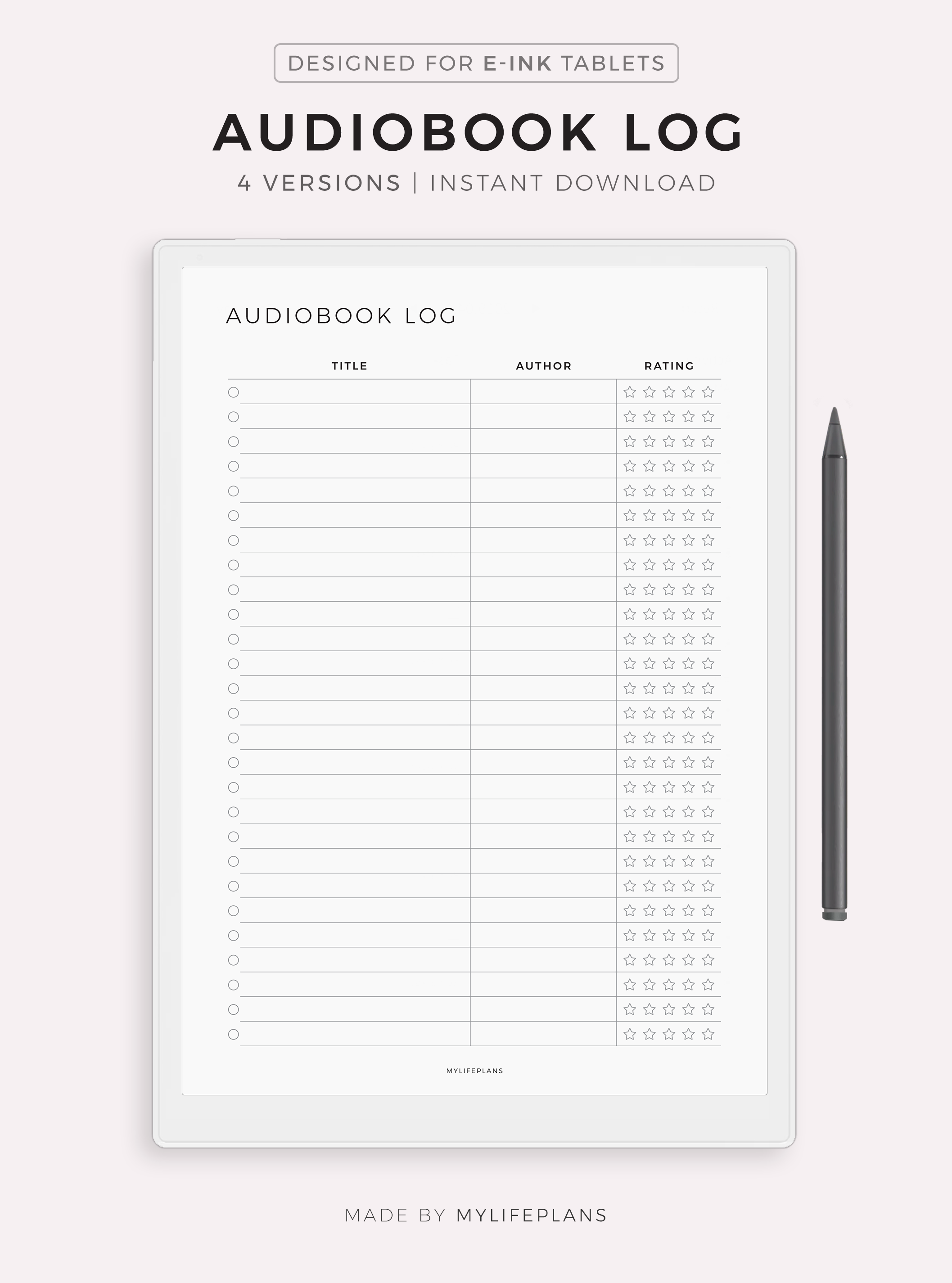 Audiobook Log Template for Remarkable, Supernote, Kindle Scribe, Boox ...