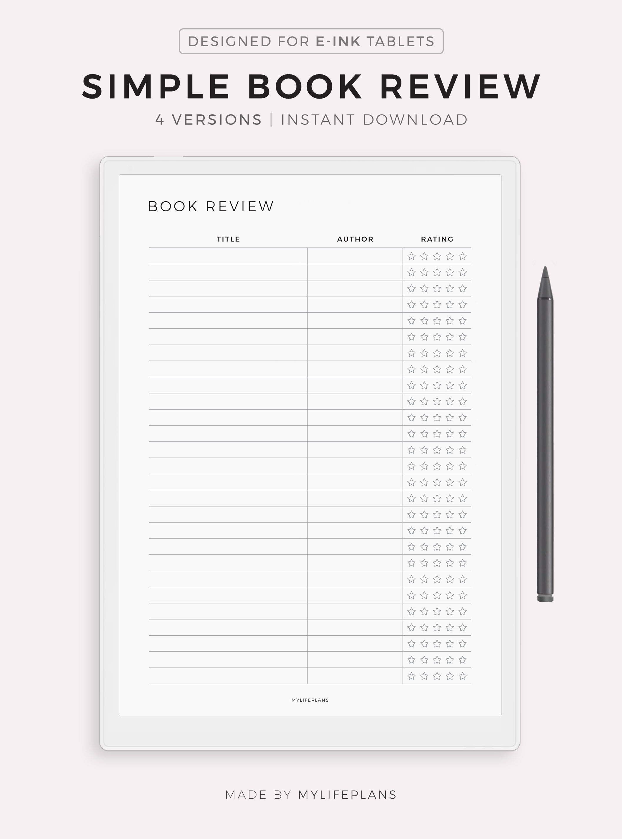 Simple Book Review Template for Remarkable, Kindle Scribe, Supernote ...