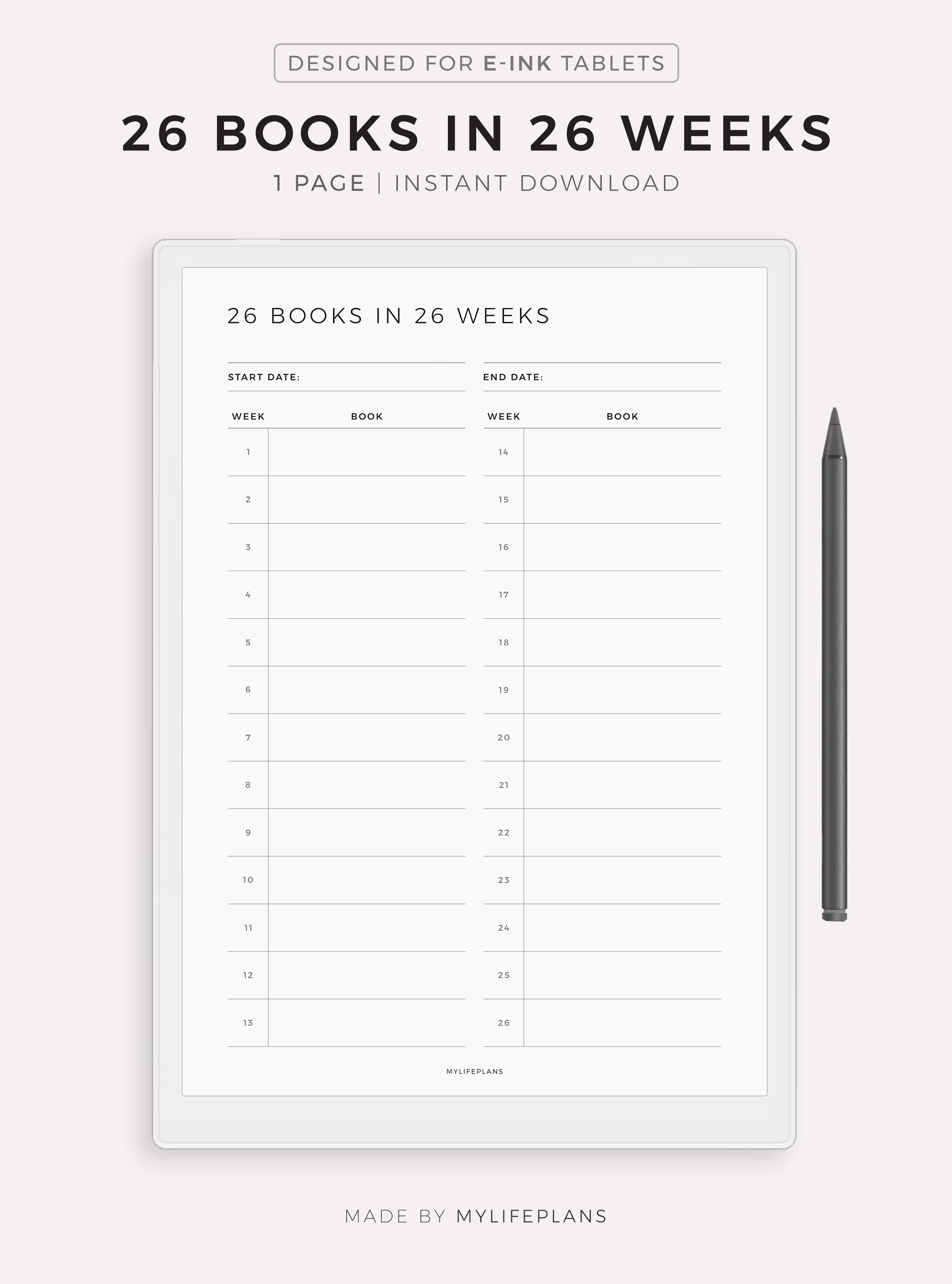26 Books in 26 Weeks Challenge Template for Remarkable, Supernote ...