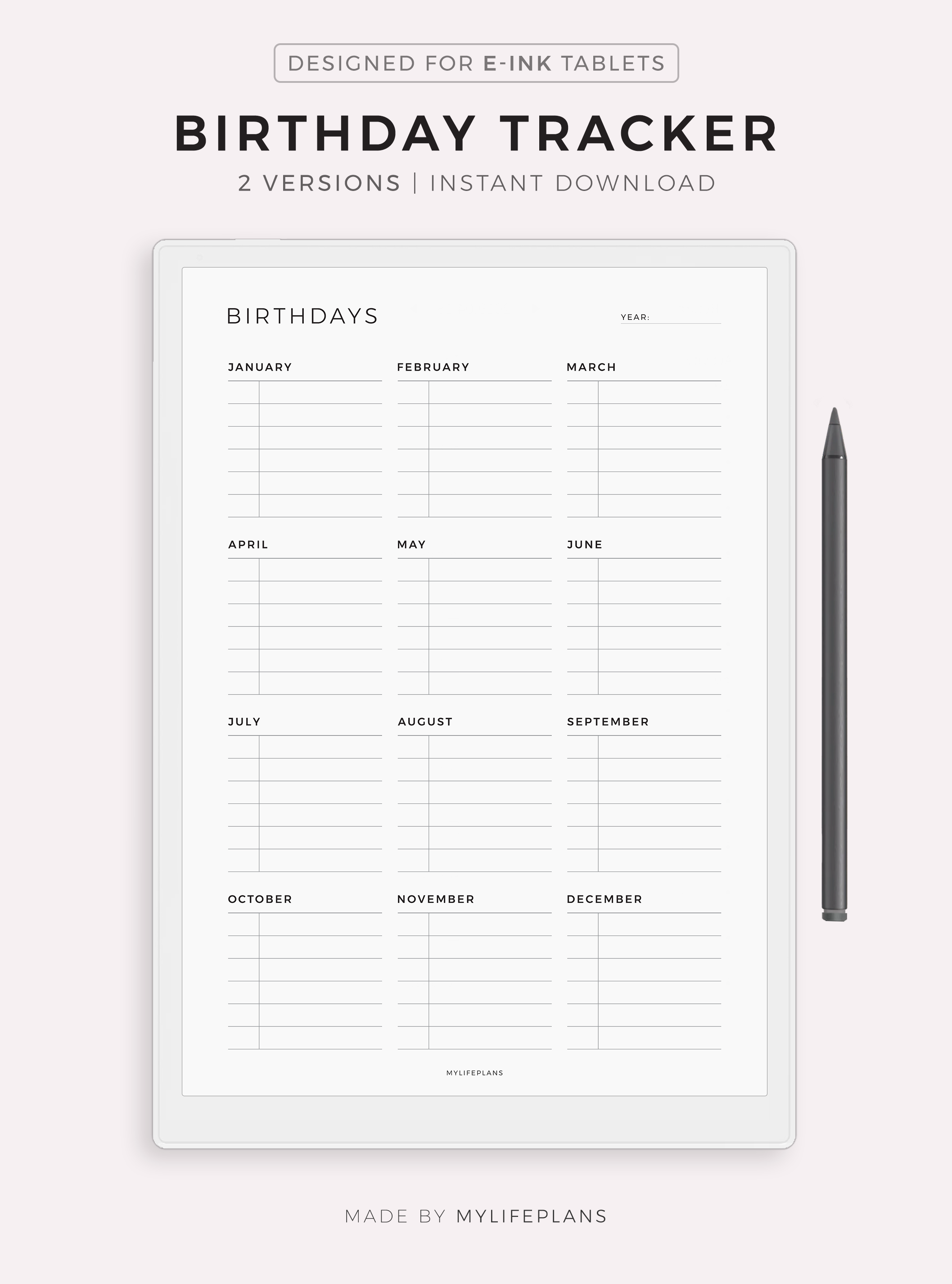 Birthday Tracker Template for Remarkable, Supernote, Kindle Scribe ...