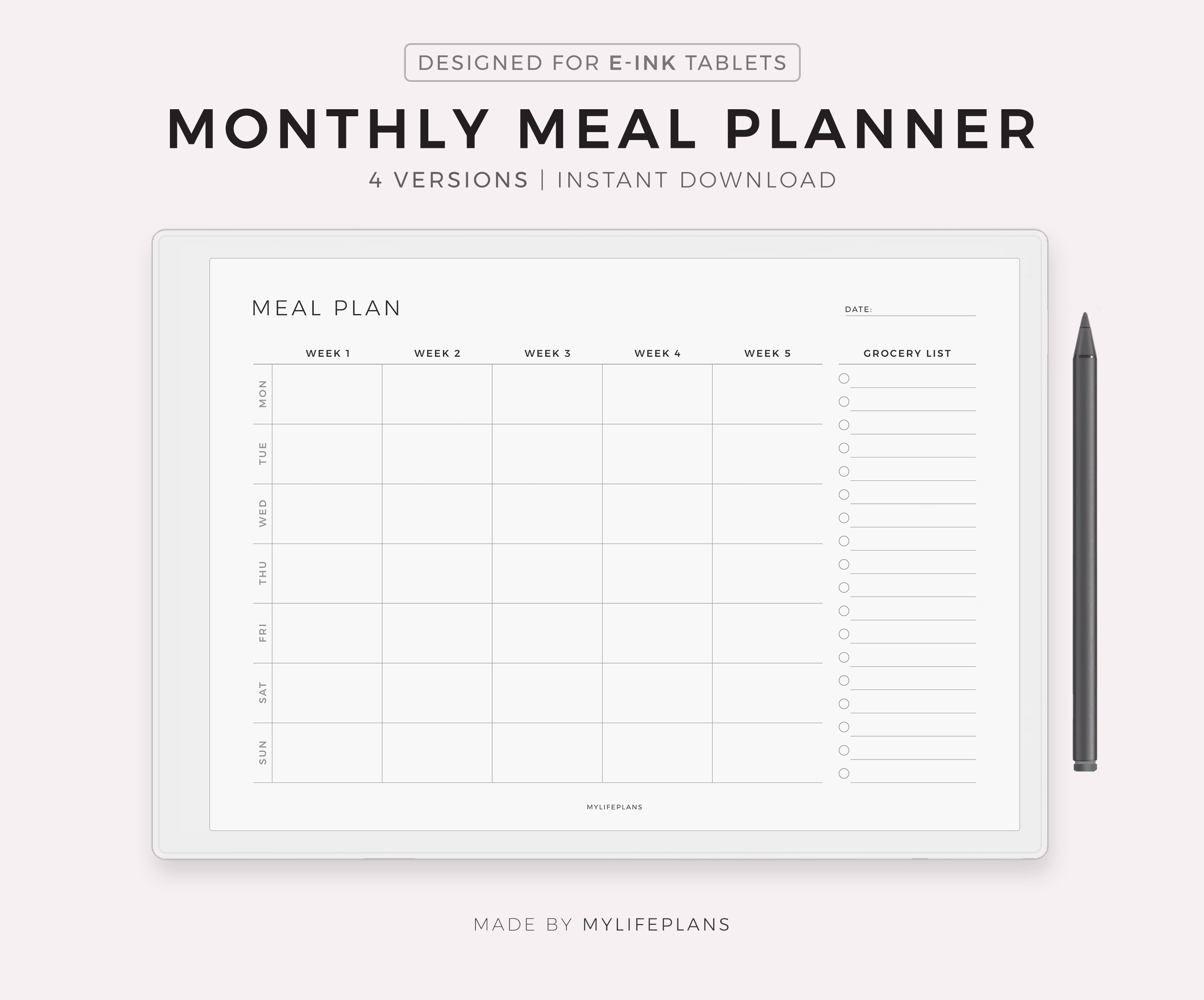 Monthly Meal Planner, Landscape, Compatible with Remarkable, Supernote ...