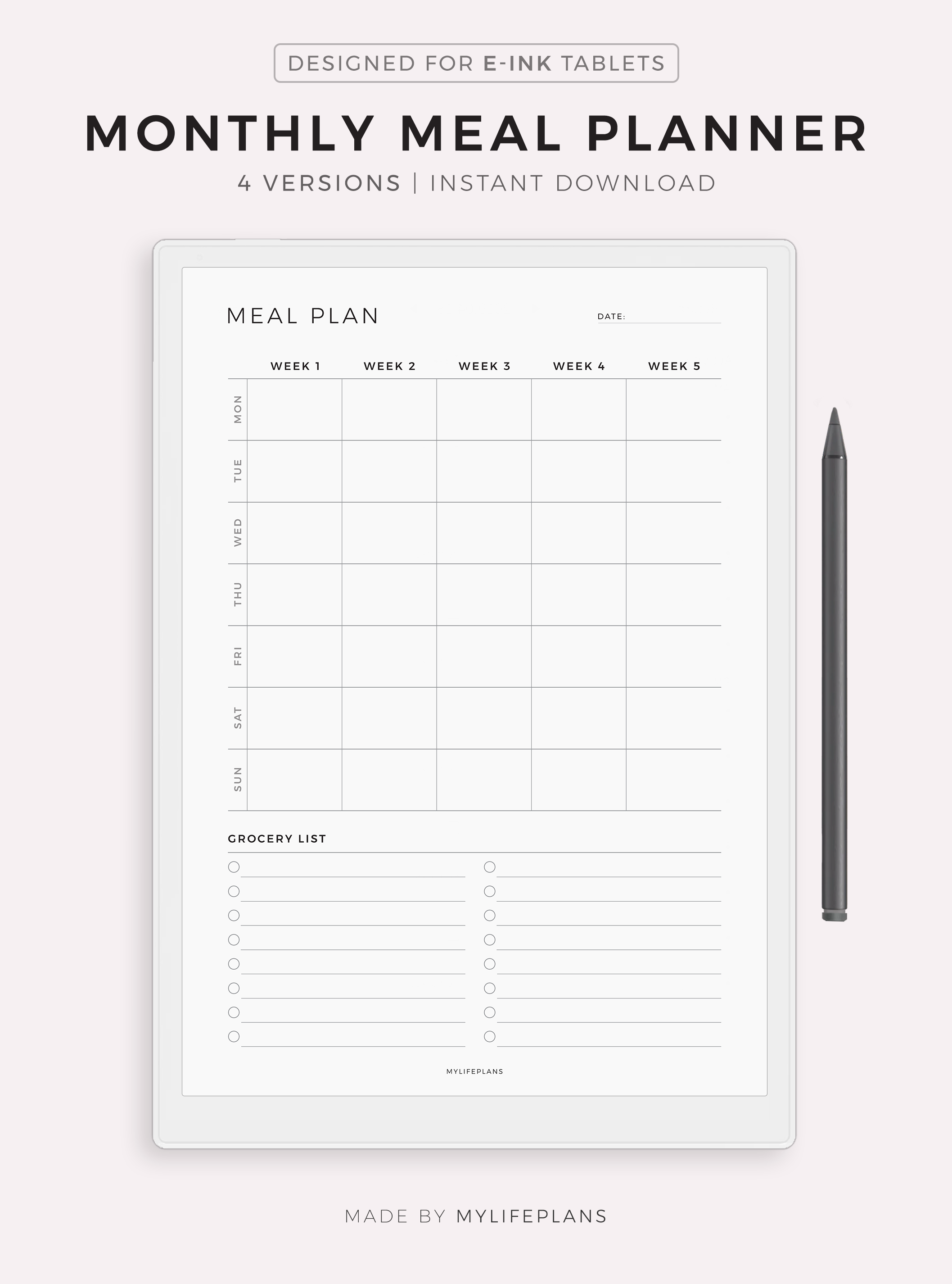 Monthly Meal Planner for Remarkable, Supernote, Kindle Scribe, Boox ...
