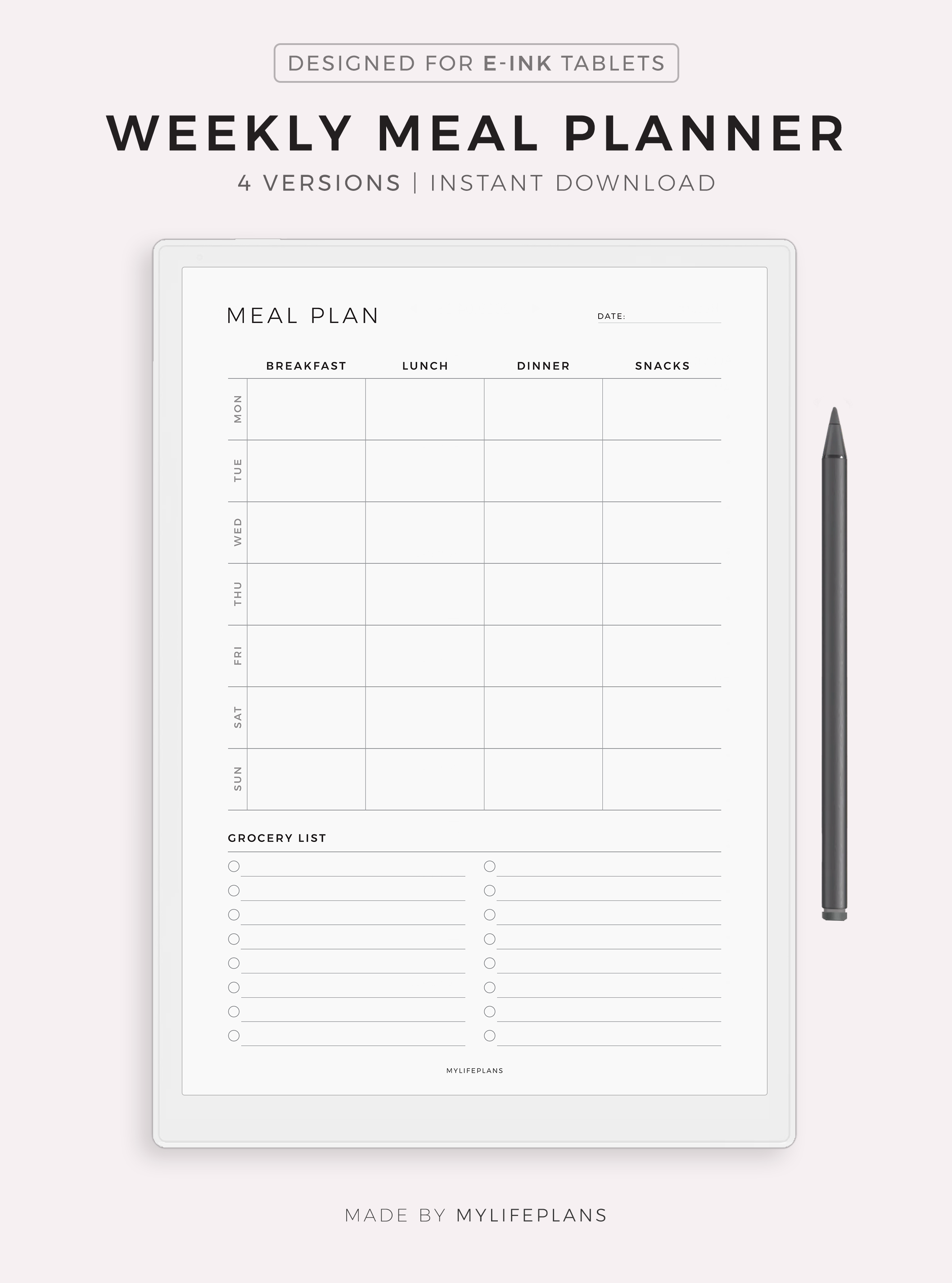 Weekly Meal Planner for Remarkable, Supernote, Kindle Scribe, Boox ...