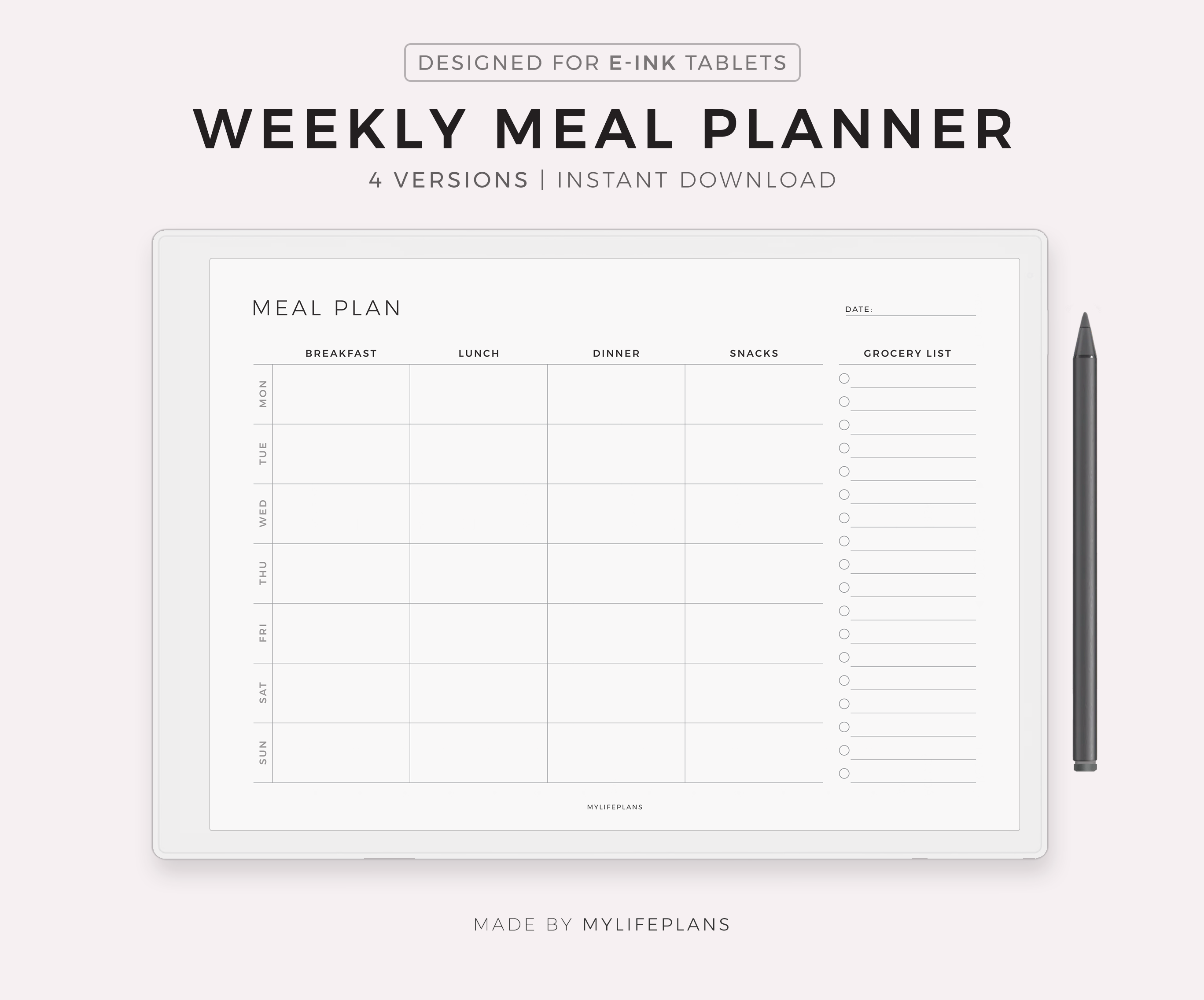 Weekly Meal Planner, Landscape, Compatible with Remarkable, Supernote ...