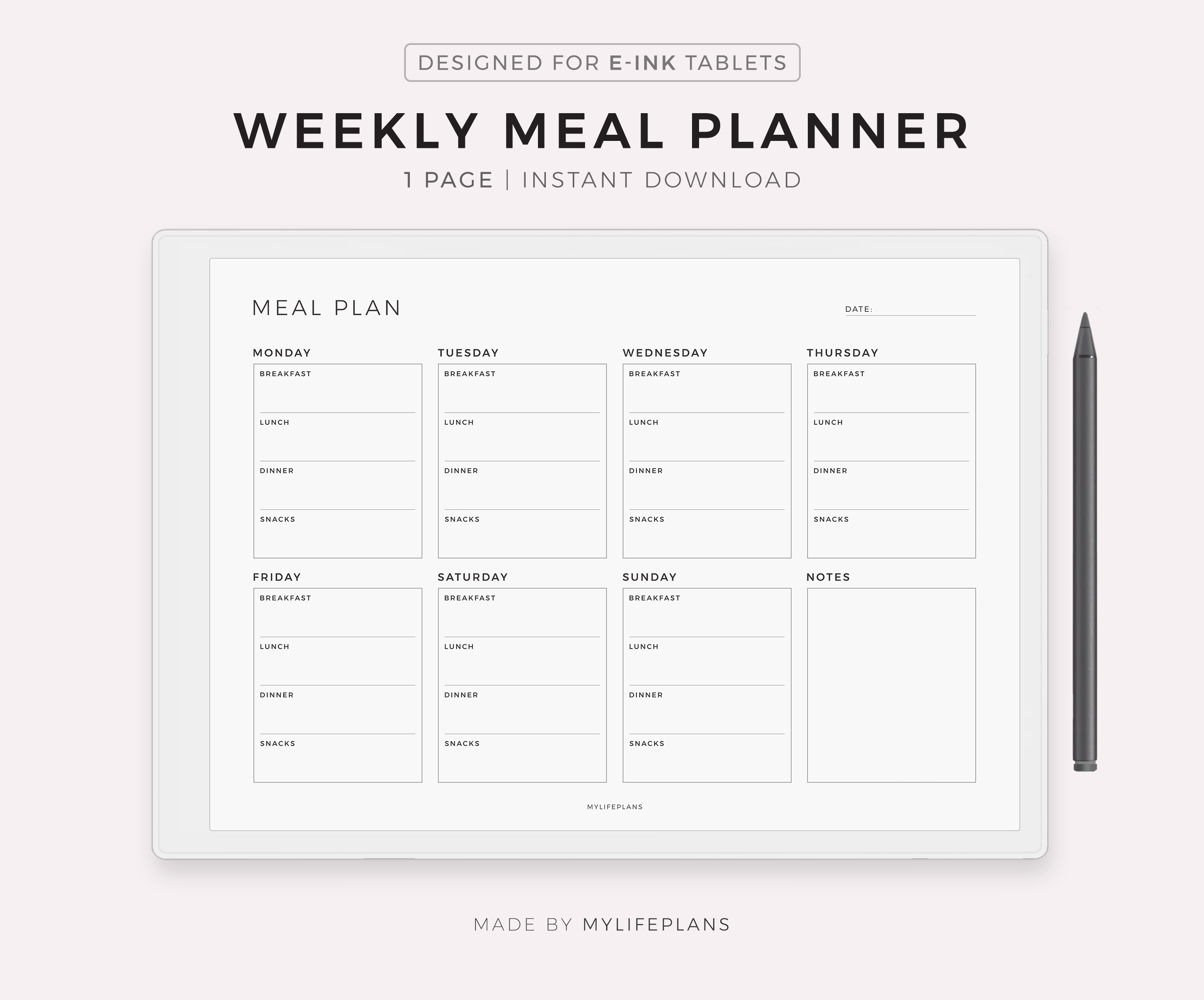 Weekly Meal Planner, Landscape, Compatible with Remarkable, Supernote ...