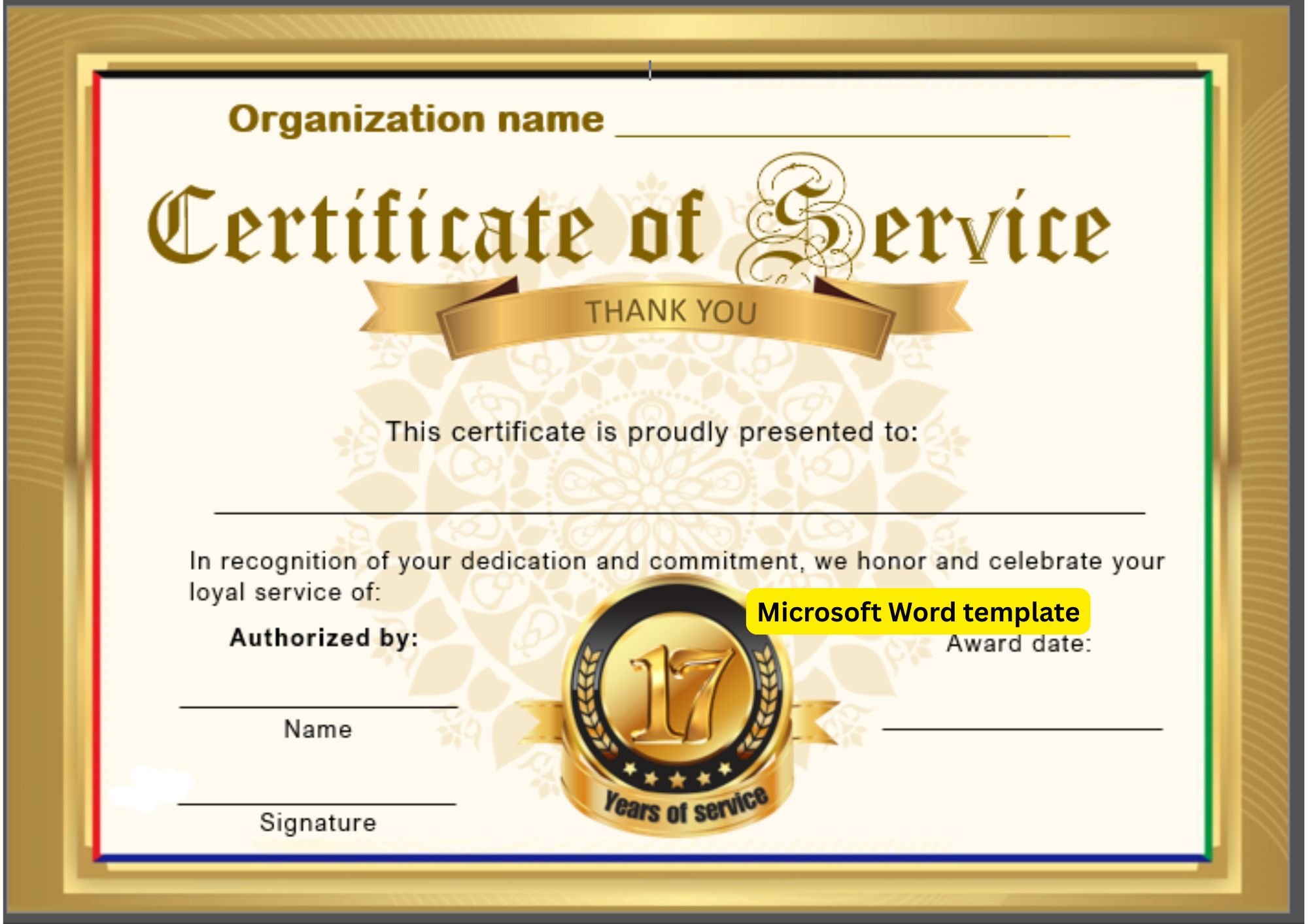 17 Years service - Editable Microsoft Word template - Landscape - with ...