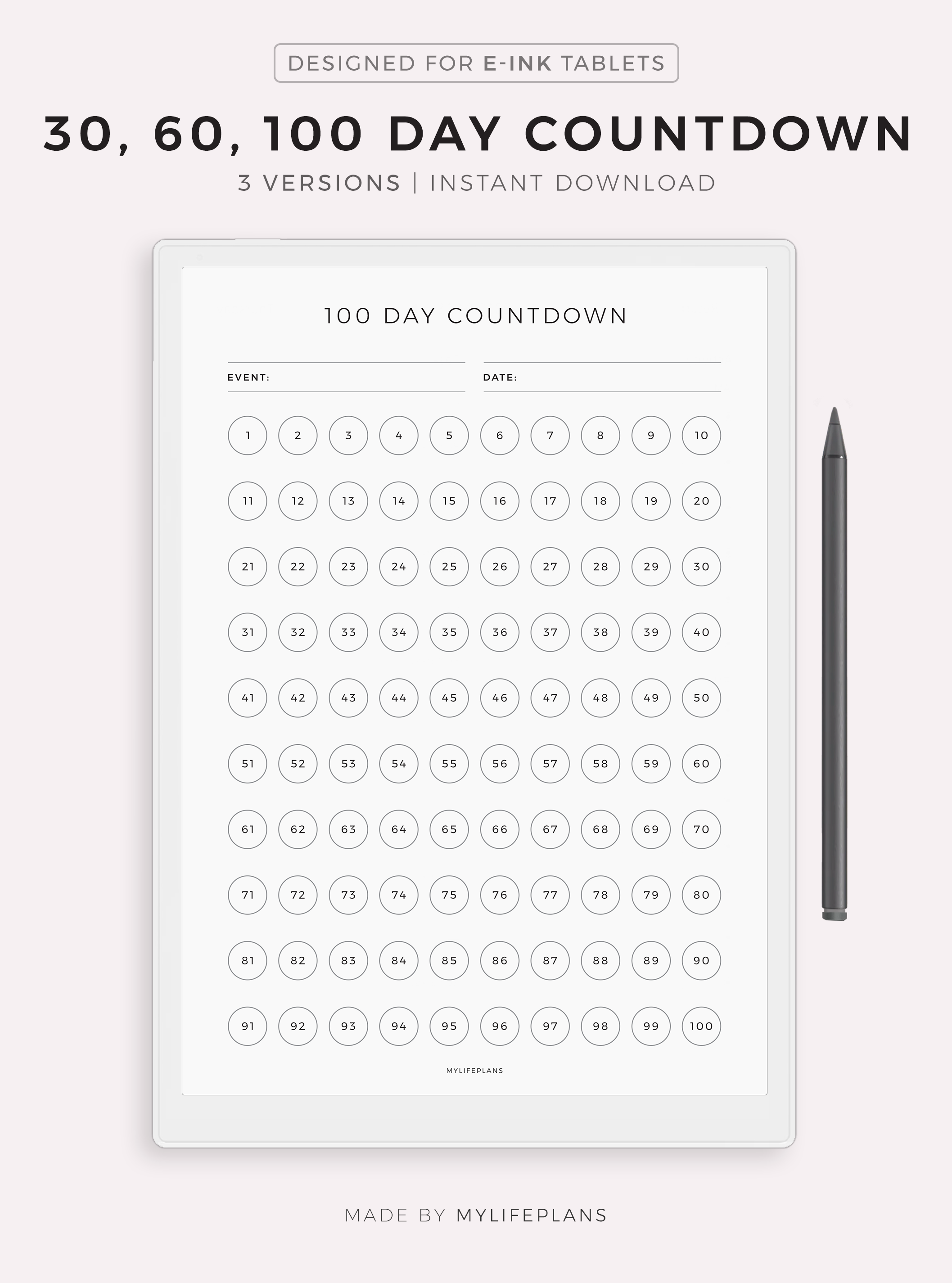 30, 60, 100 Day Countdown Tracker, Compatible with Remarkable ...