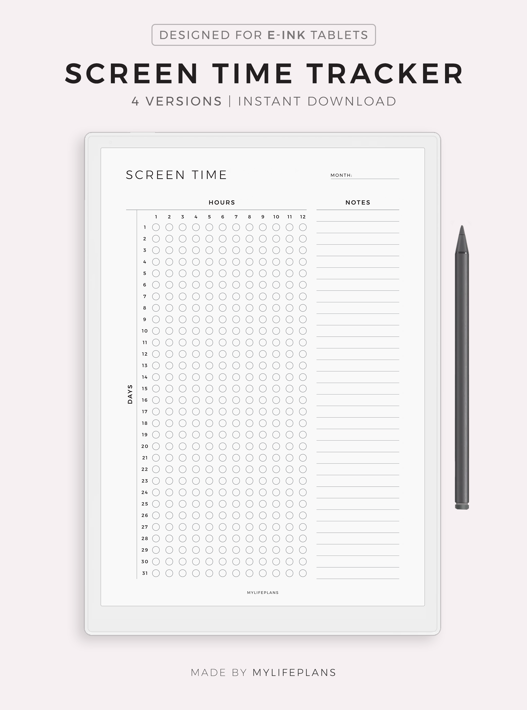 Screen Time Tracker Template for Remarkable, Supernote, Kindle Scribe ...