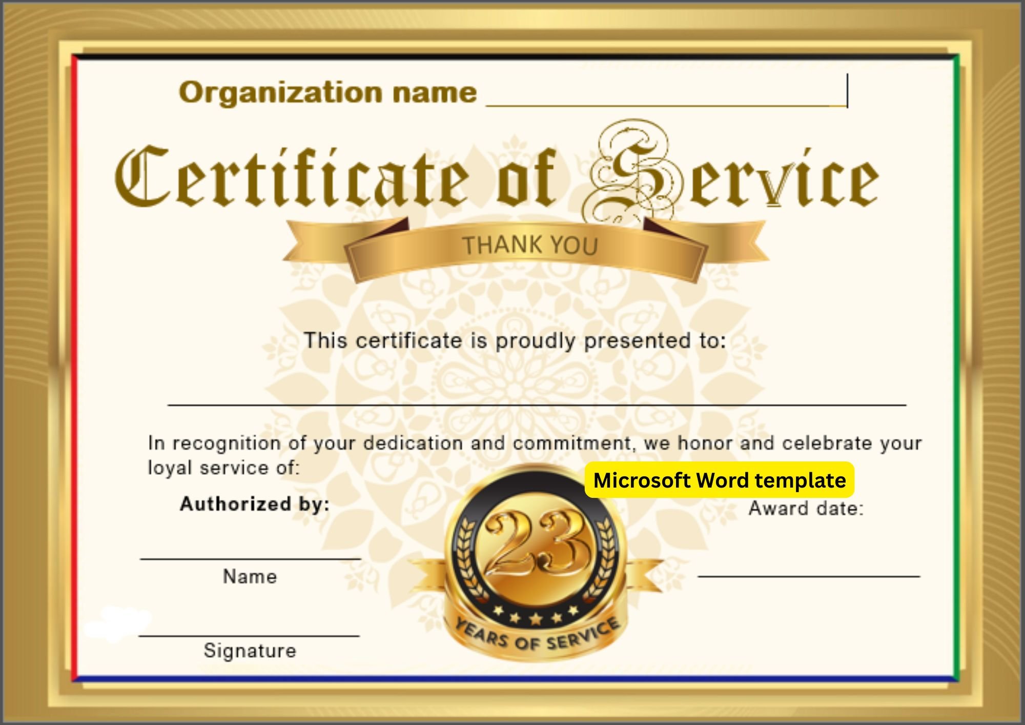 23 Years service - Editable Microsoft Word template - Landscape - with ...
