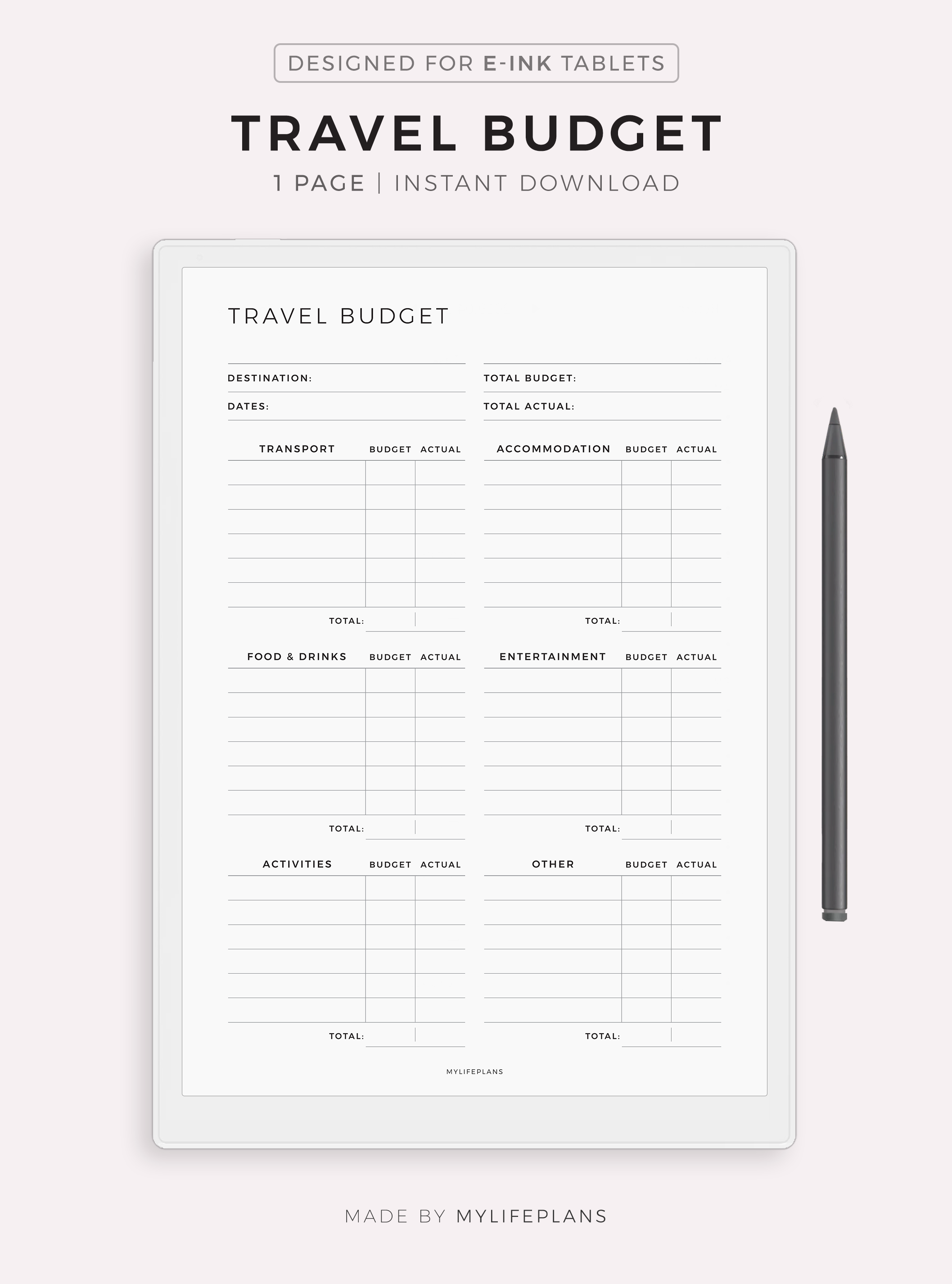 Travel Budget Planner for Remarkable, Supernote, Kindle Scribe, Boox ...