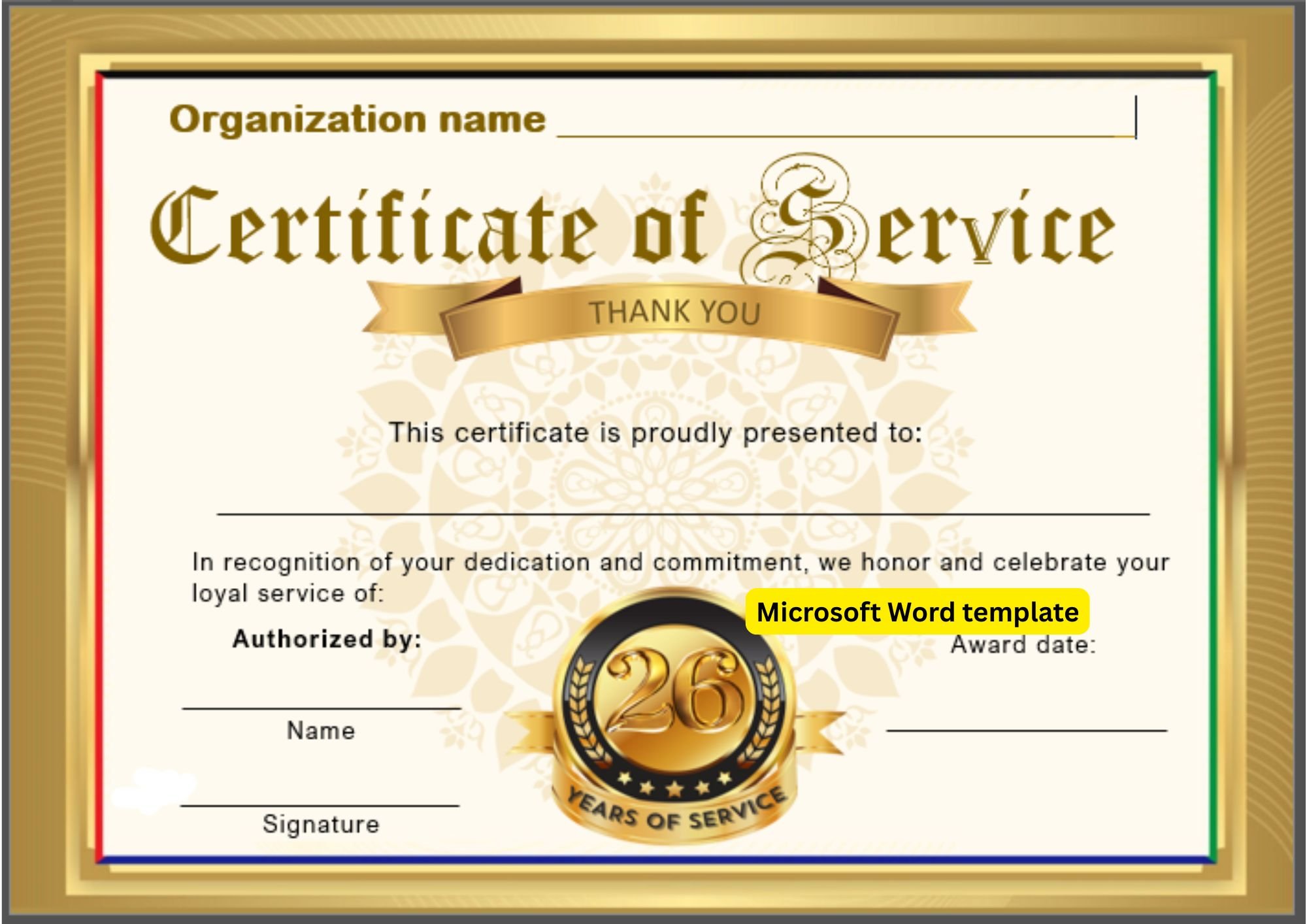26 Years of service - Editable Microsoft Word template - Landscape ...