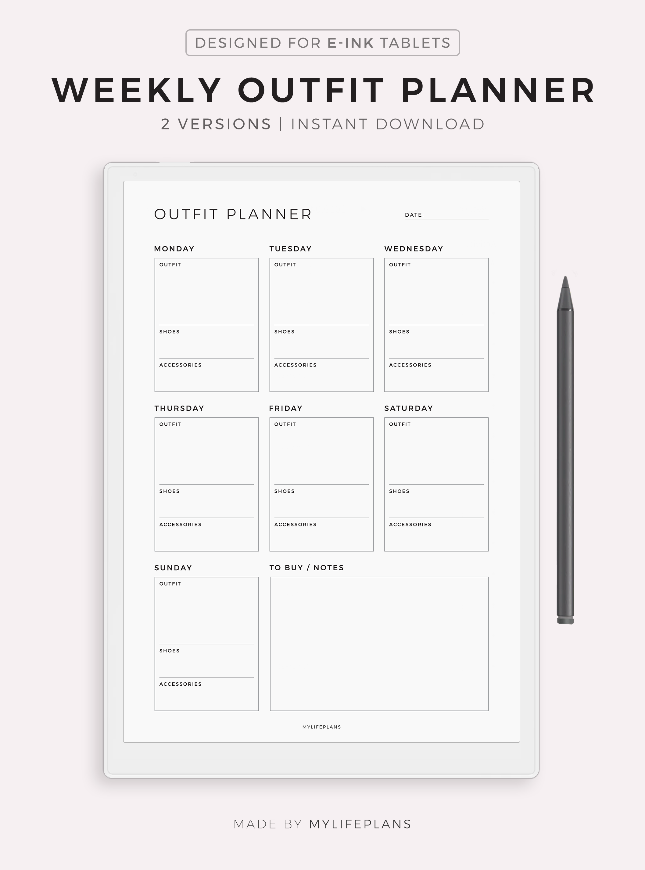 Weekly Outfit Planner for Remarkable, Kindle Scribe, Supernote, Boox ...