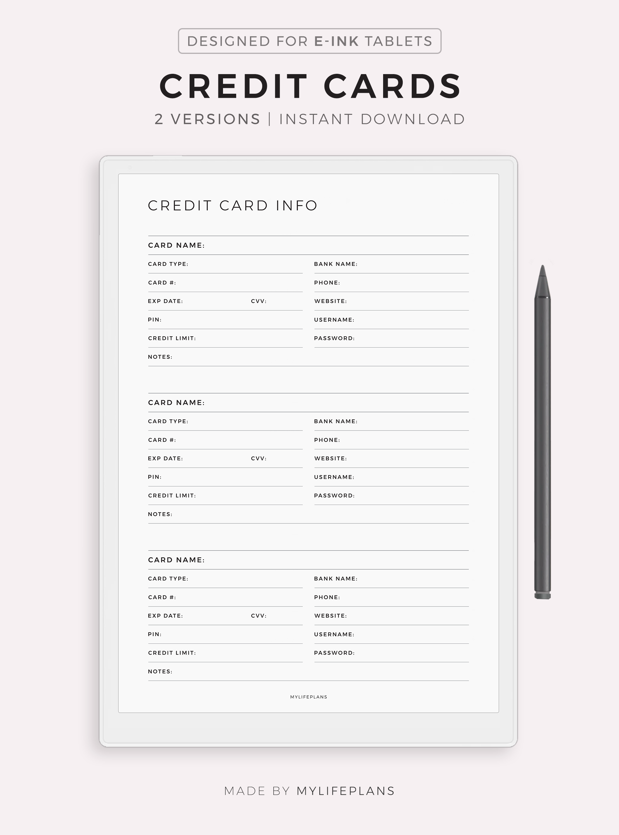 Credit Card Tracker Tempalte for Remarkable, Supernote, Kindle Scribe ...