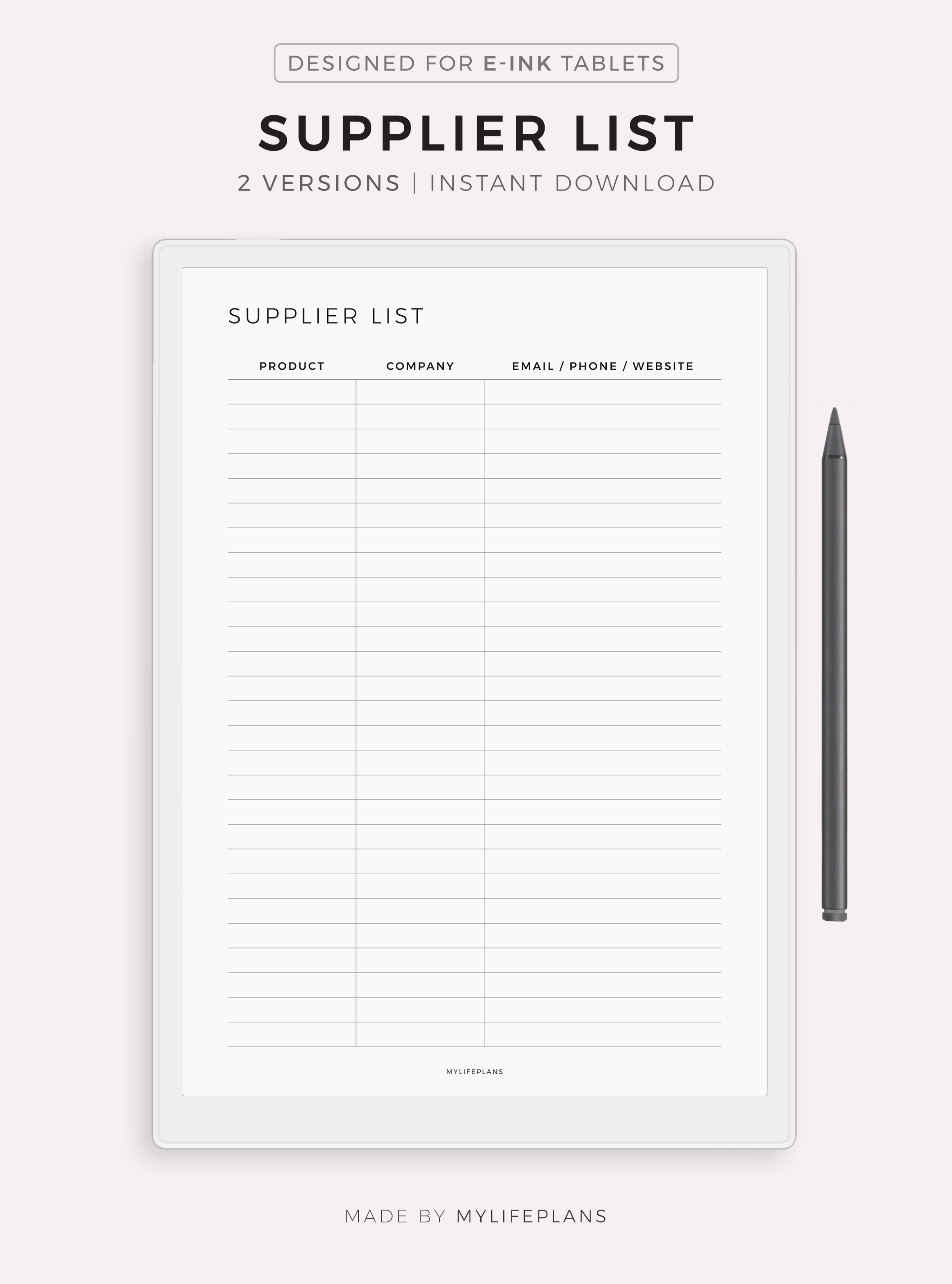 Supplier List Planner for Remarkable, Supernote, Kindle Scribe, Boox ...