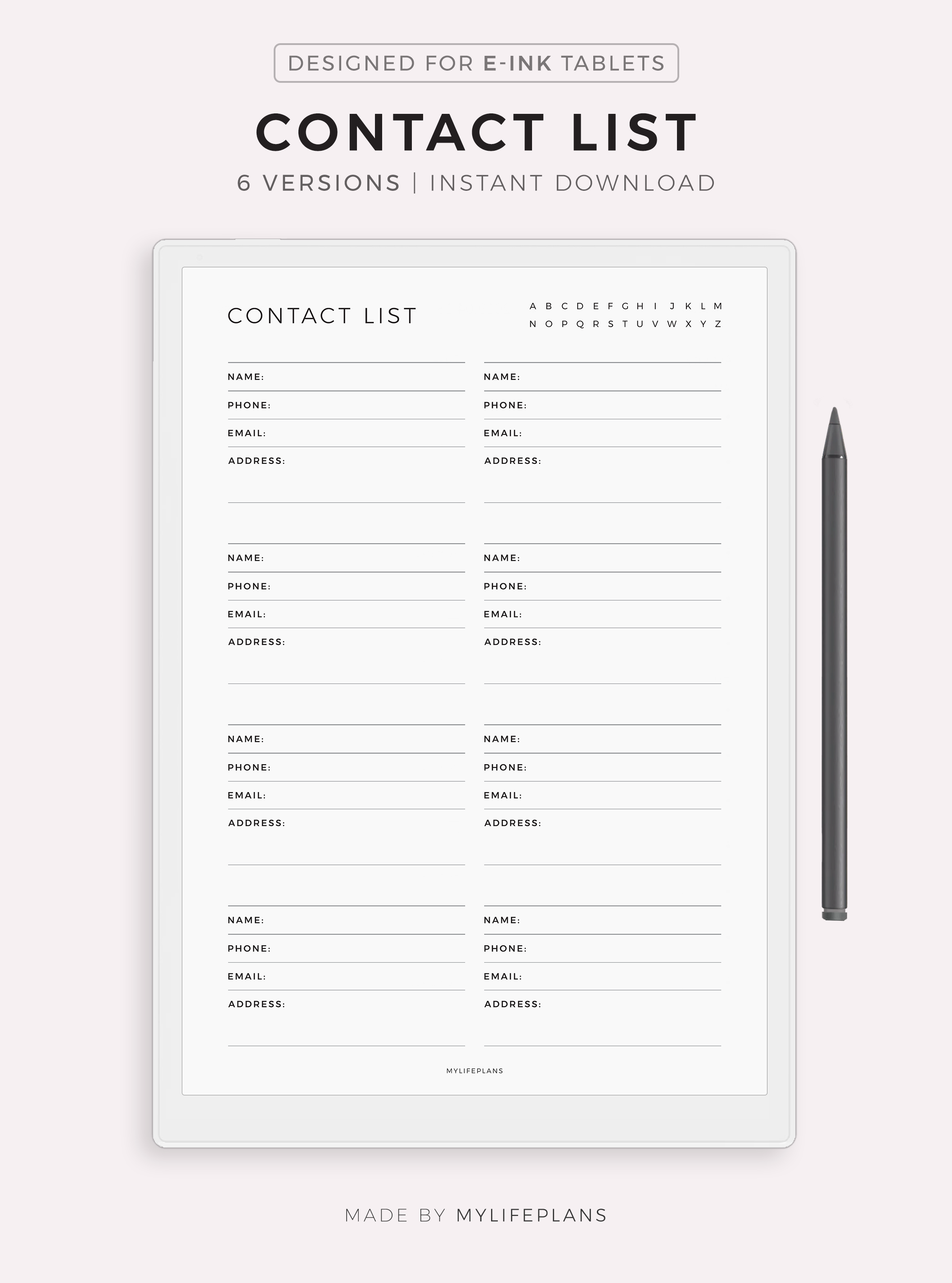 Contacts List Template for Remarkable, Supernote, Kindle Scribe, Boox ...