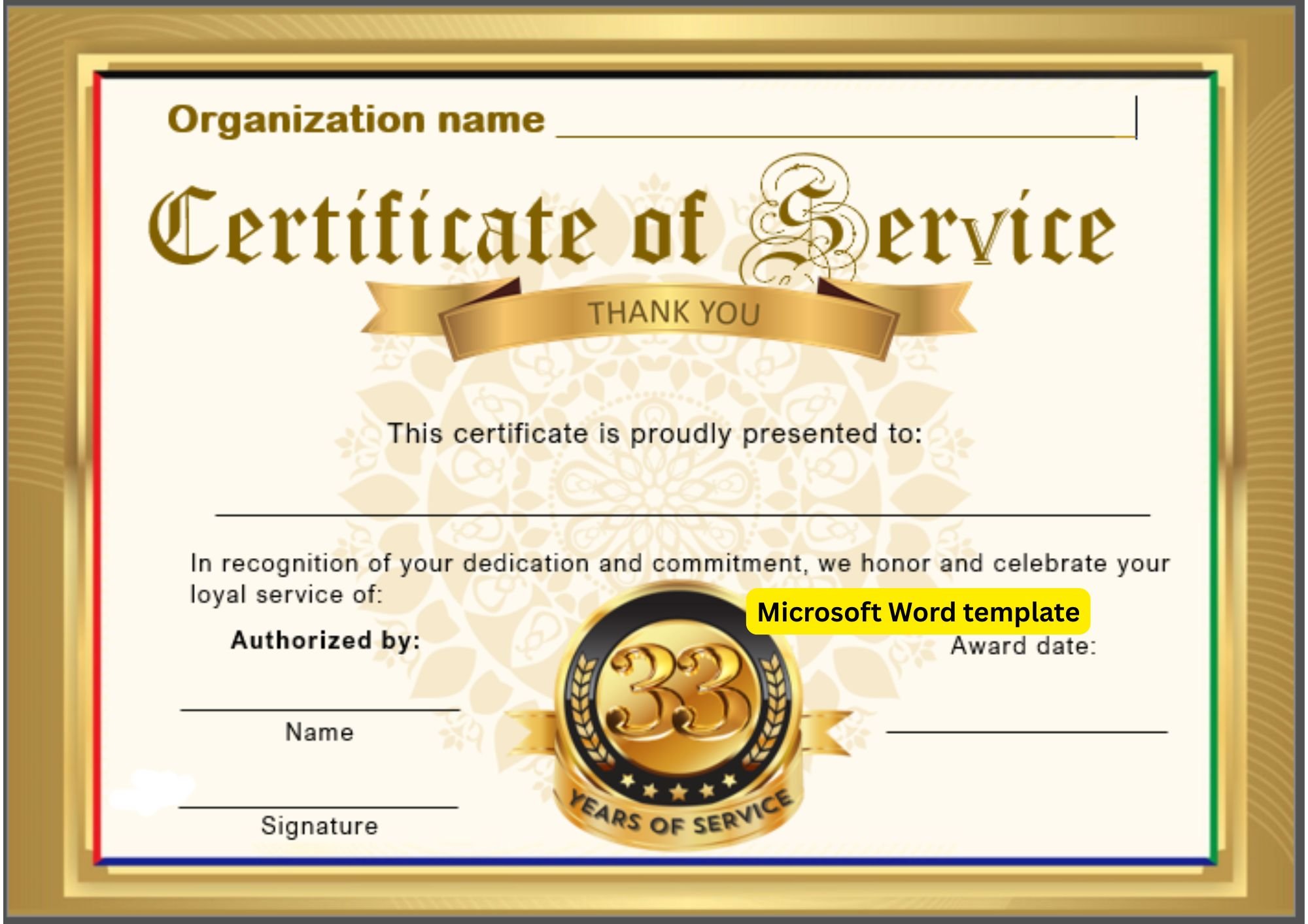 33 Years of service - Editable Microsoft Word template - Landscape ...