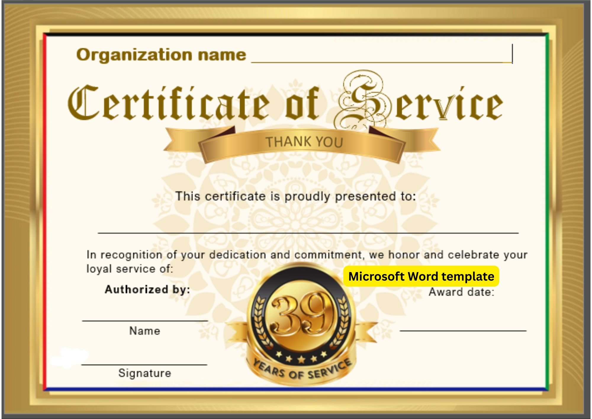 39 Years of service - Editable Microsoft Word template - Landscape ...