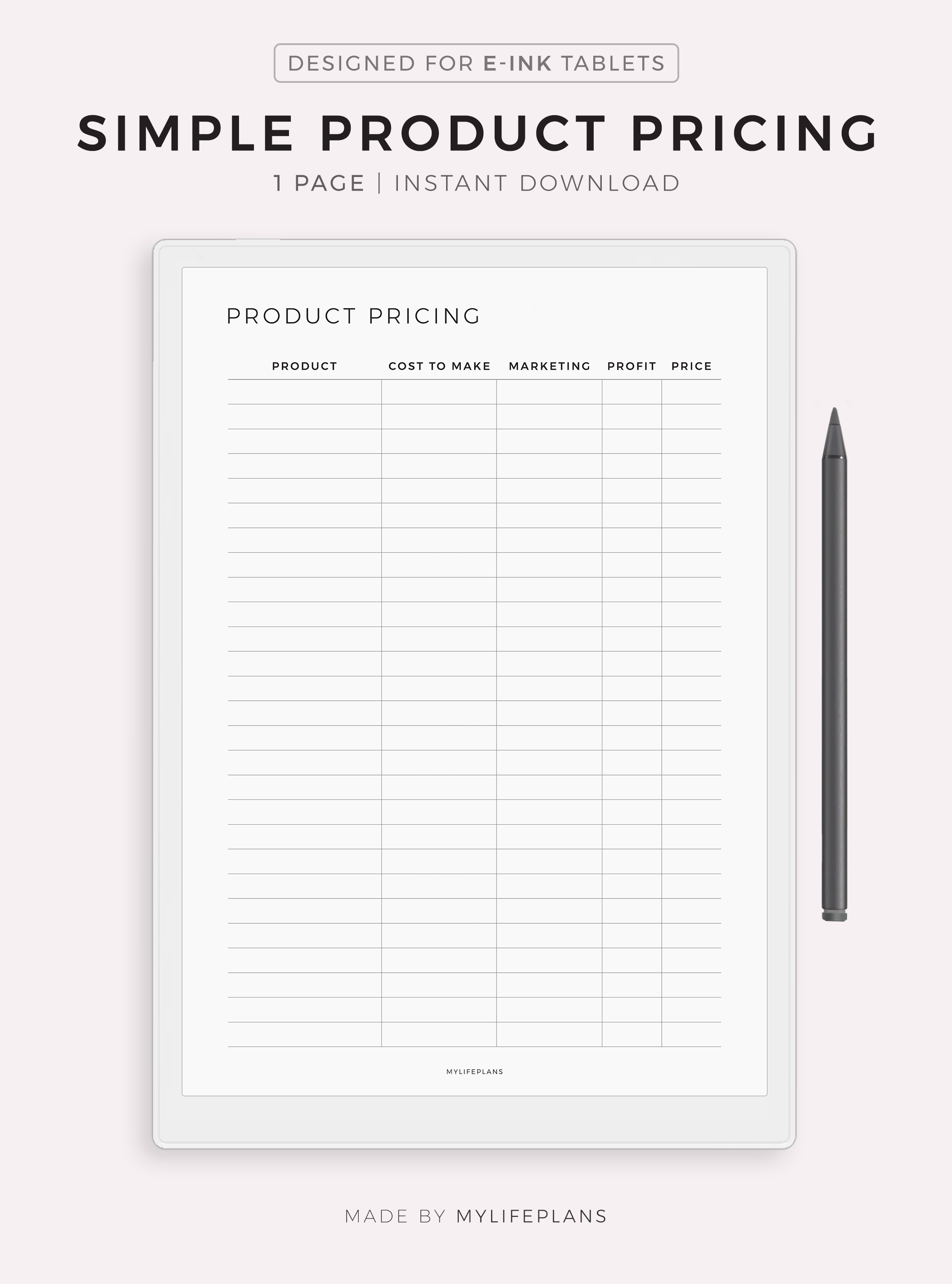 Simple Product Pricing Temmplate for Remarkable, Supernote, Kindle ...