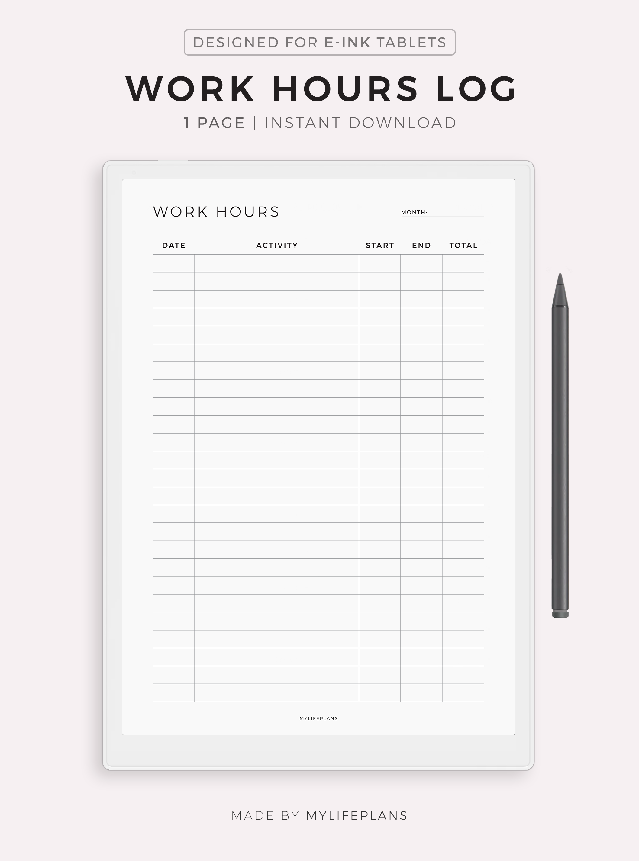 Working Hours Log Template for Remarkable, Supernote, Kindle Scribe ...