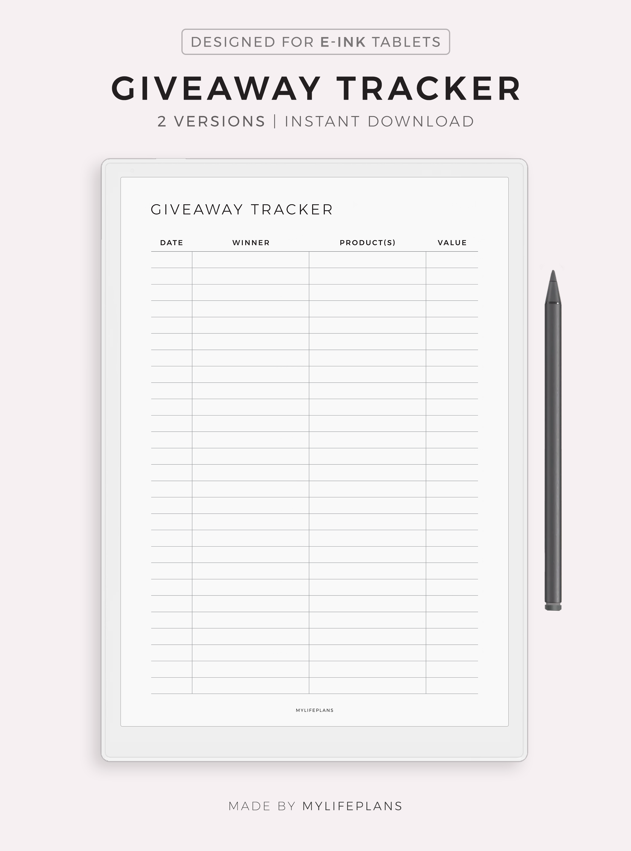 Giveaway Tracker Template for Remarkable, Supernote, Kindle Scribe ...