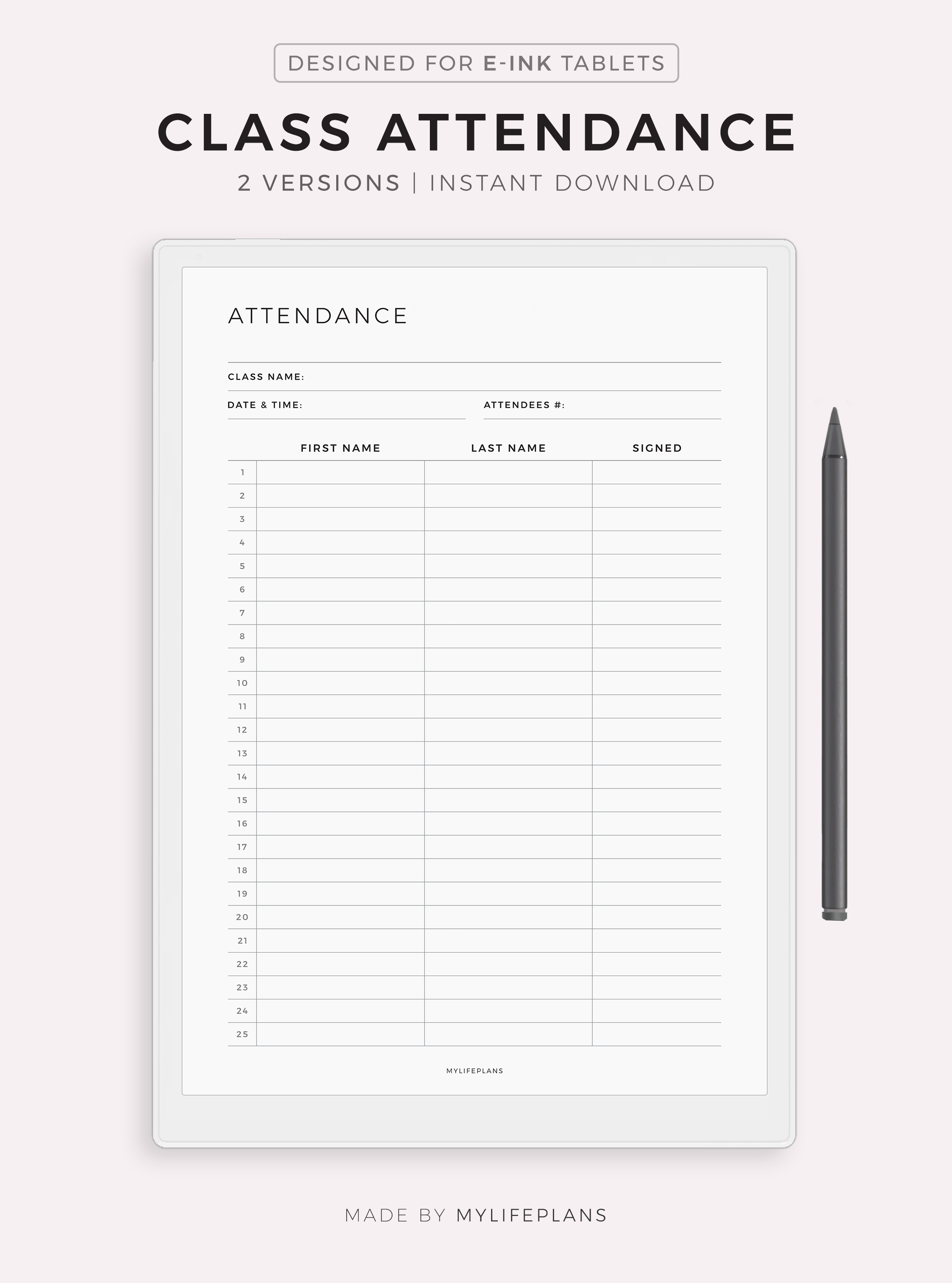 Class Attendance Template for Remarkable, Kindle Scribe, Supernote ...