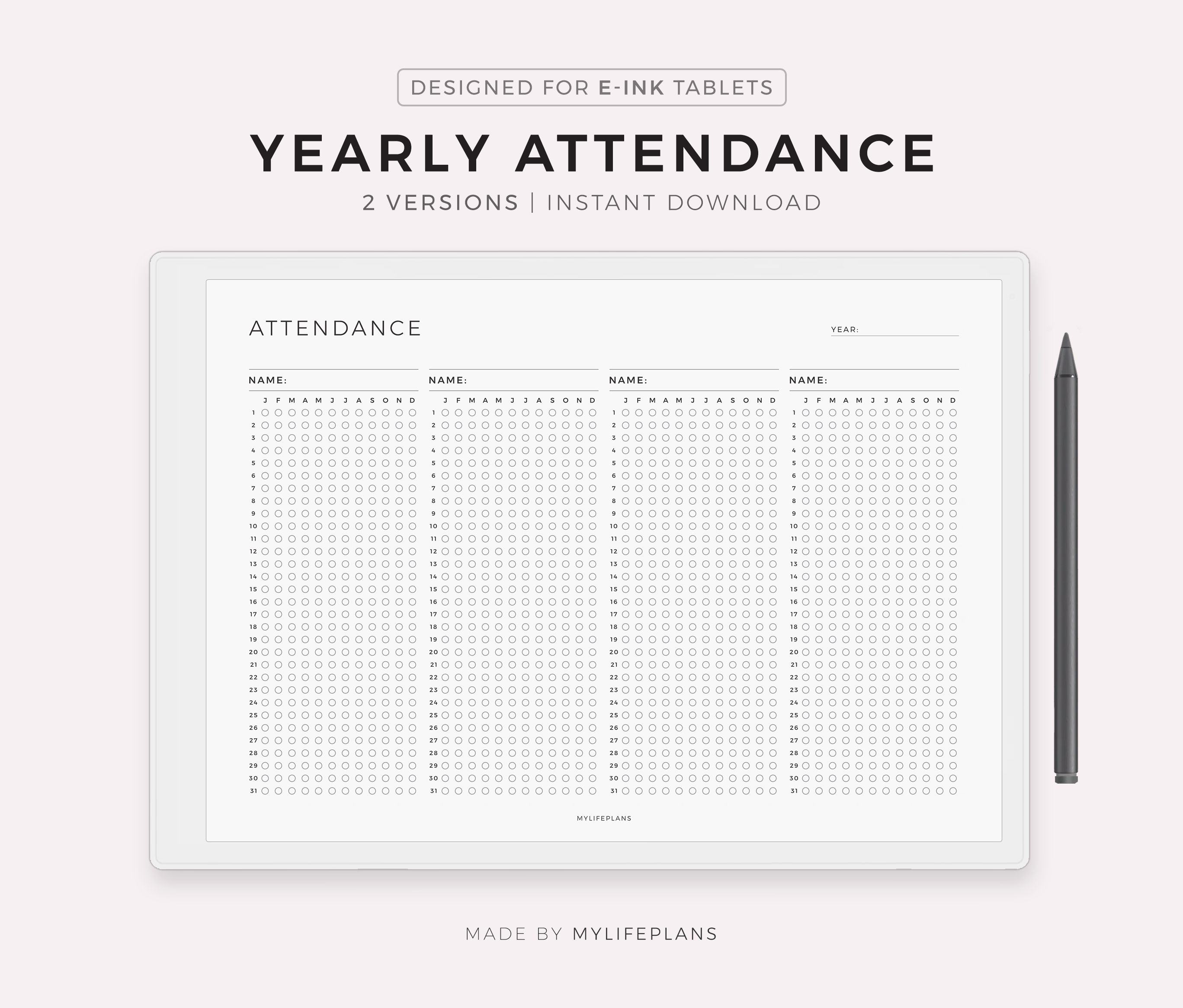 Yearly Attendance Landscape Template for Remarkable, Kindle Scribe ...