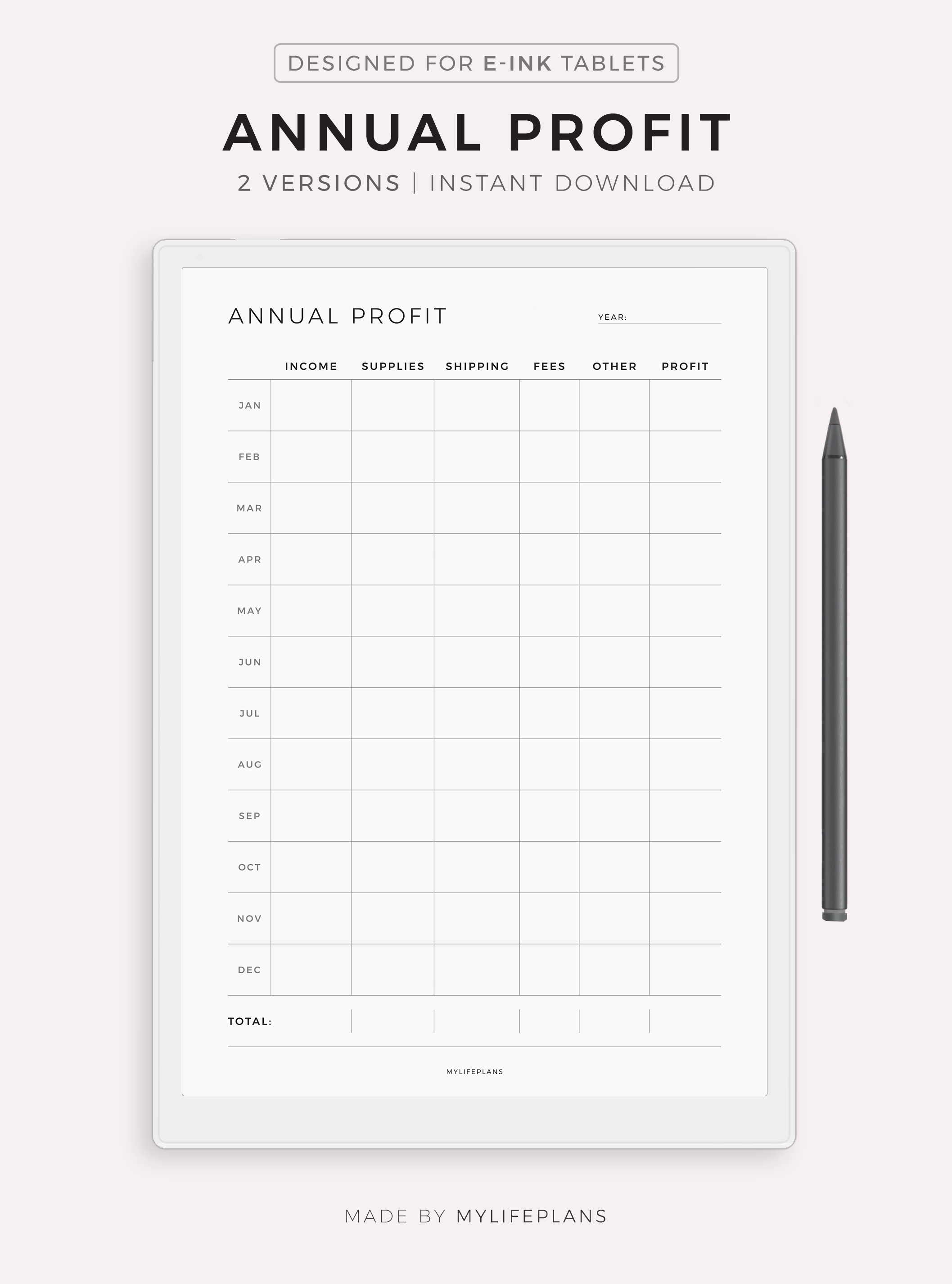 Annual Profit Tracker Template for Remarkable, Supernote, Kindle Scribe ...