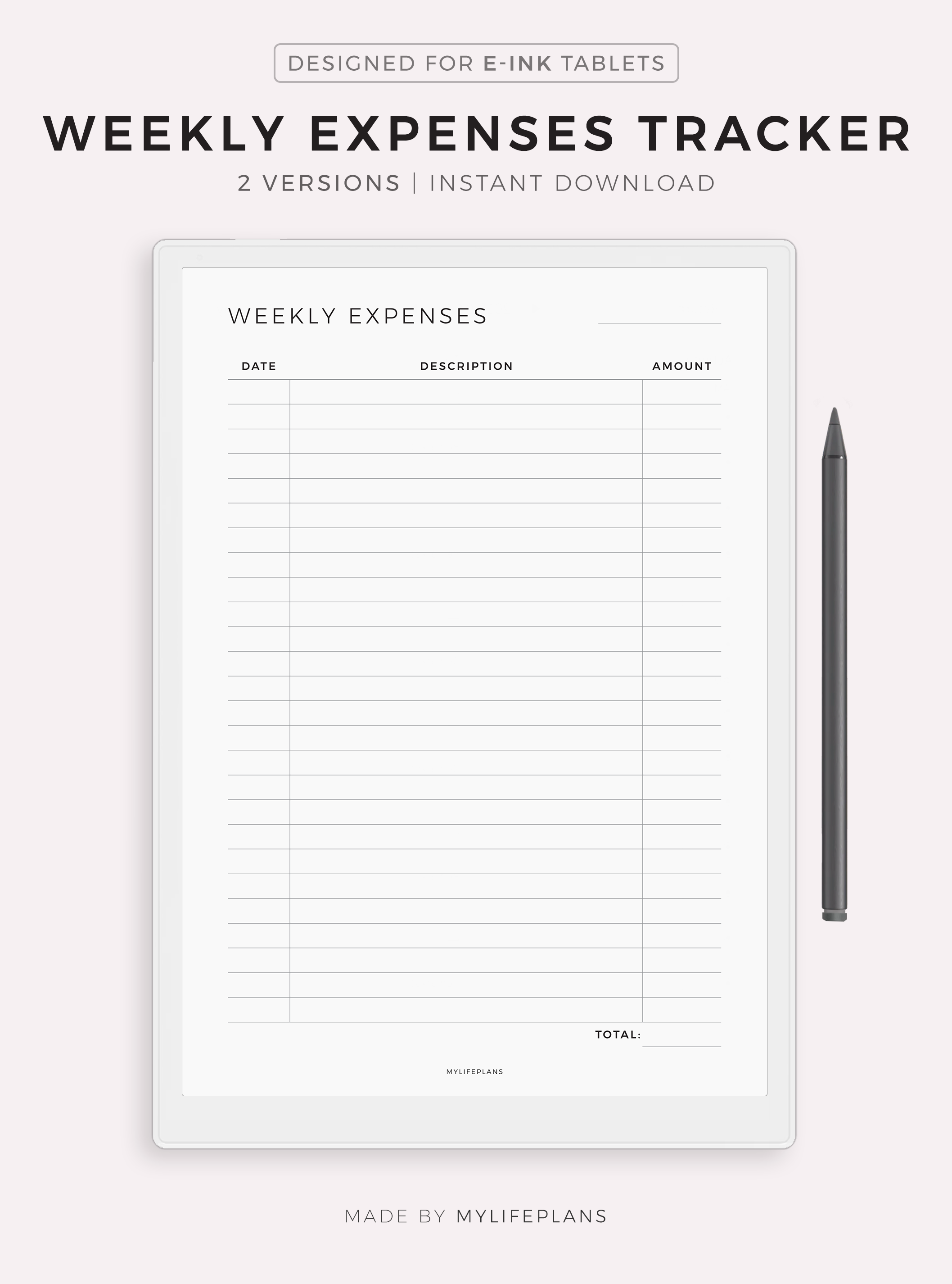 Simple Weekly Expenses Tracker for Remarkable, Supernote, Kindle Scribe ...