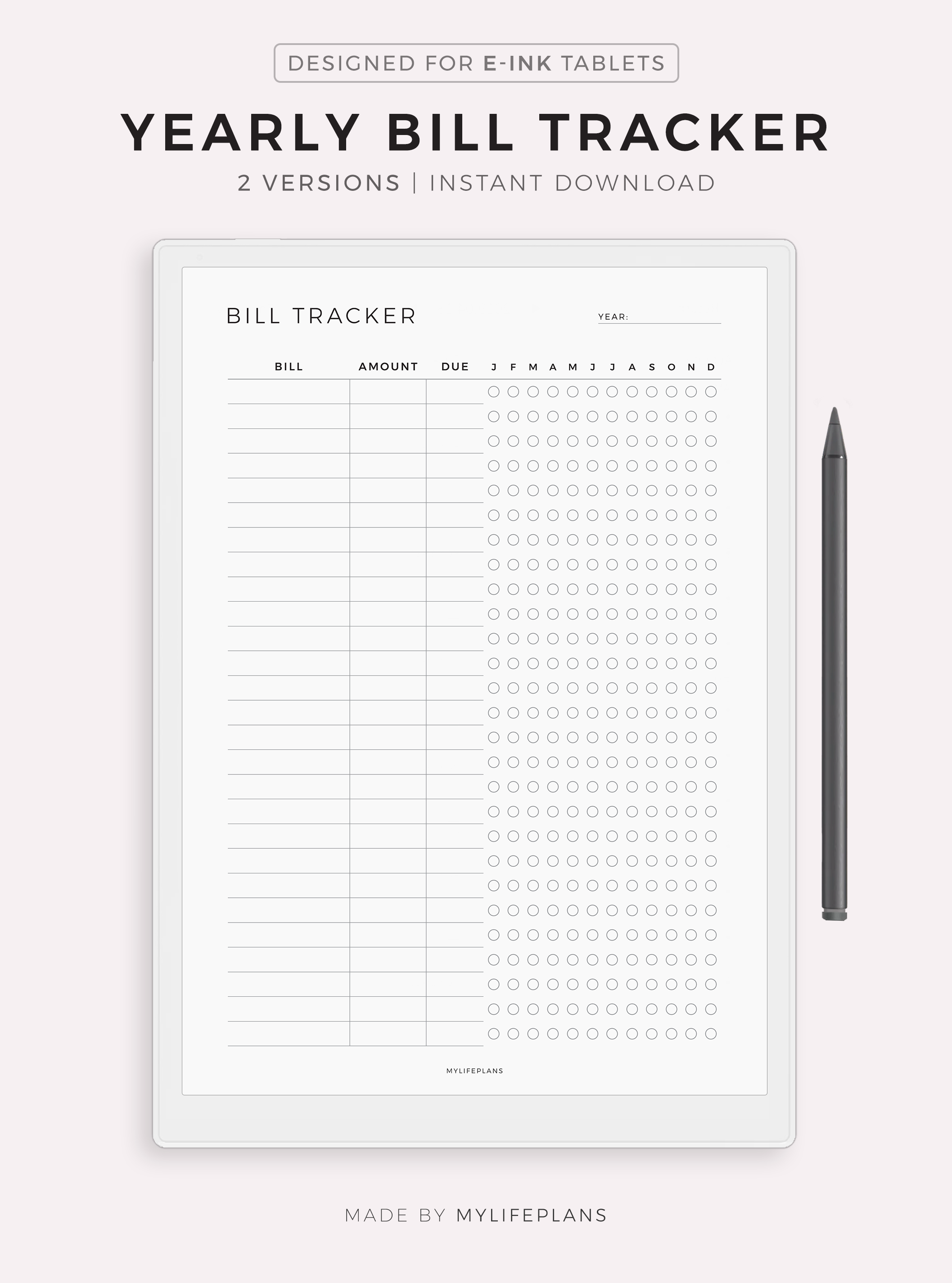 Yearly Bill Tracker Template for Remarkable, Supernote, Kindle Scribe ...