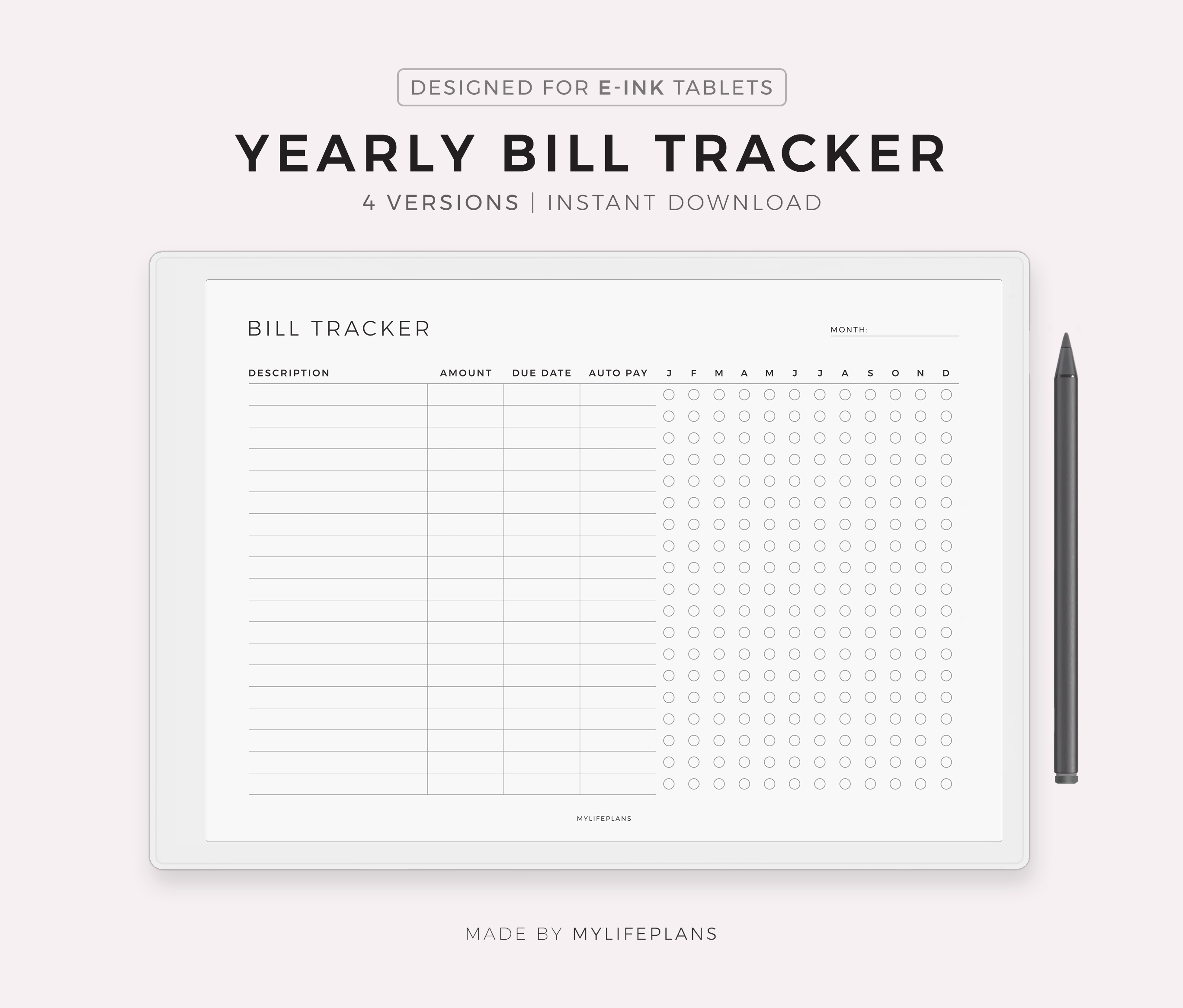 Yearly Bill Tracker Landscape Template for Remarkable, Supernote ...