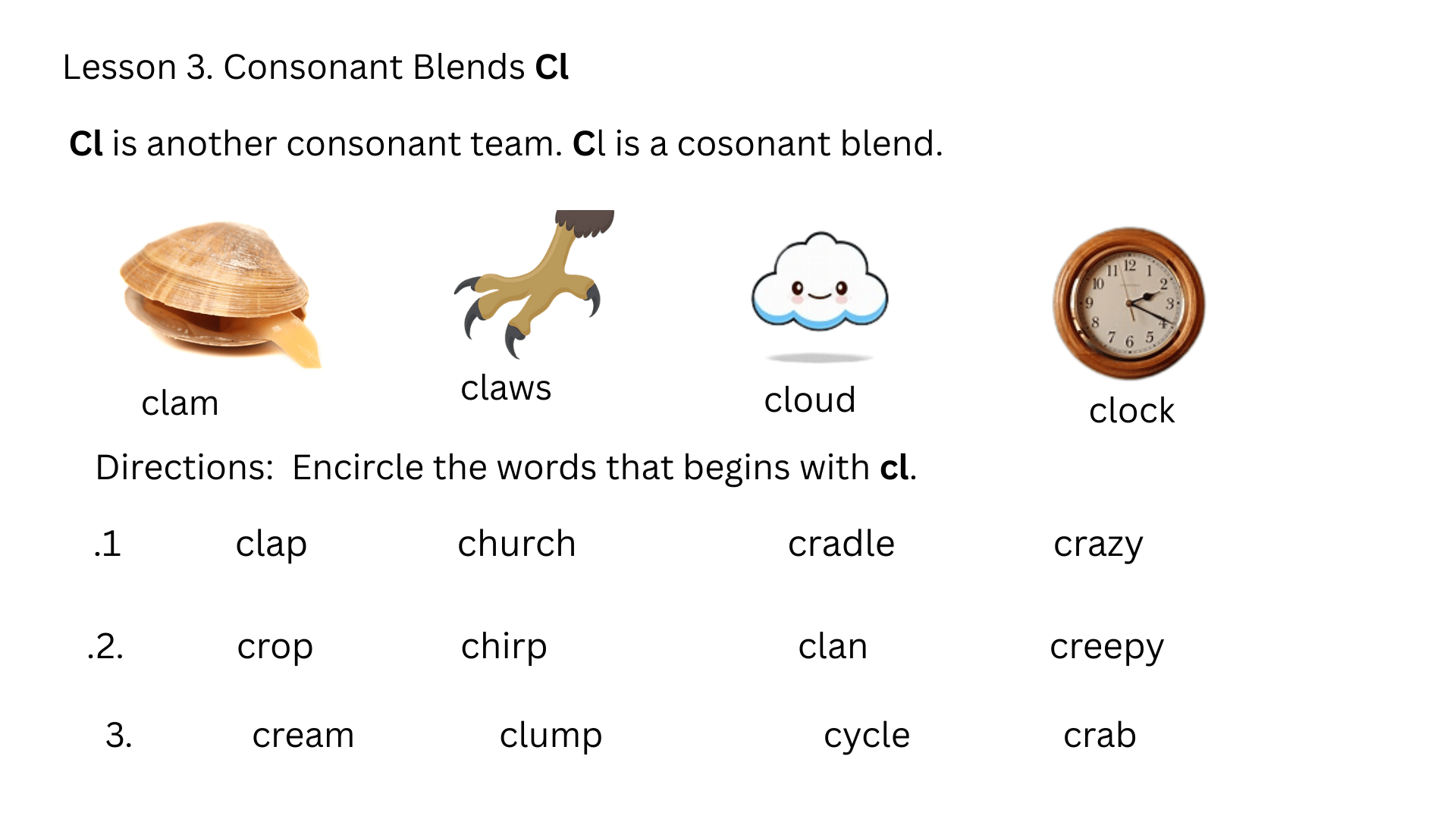 worksheets on consonant blend with cl. - Payhip
